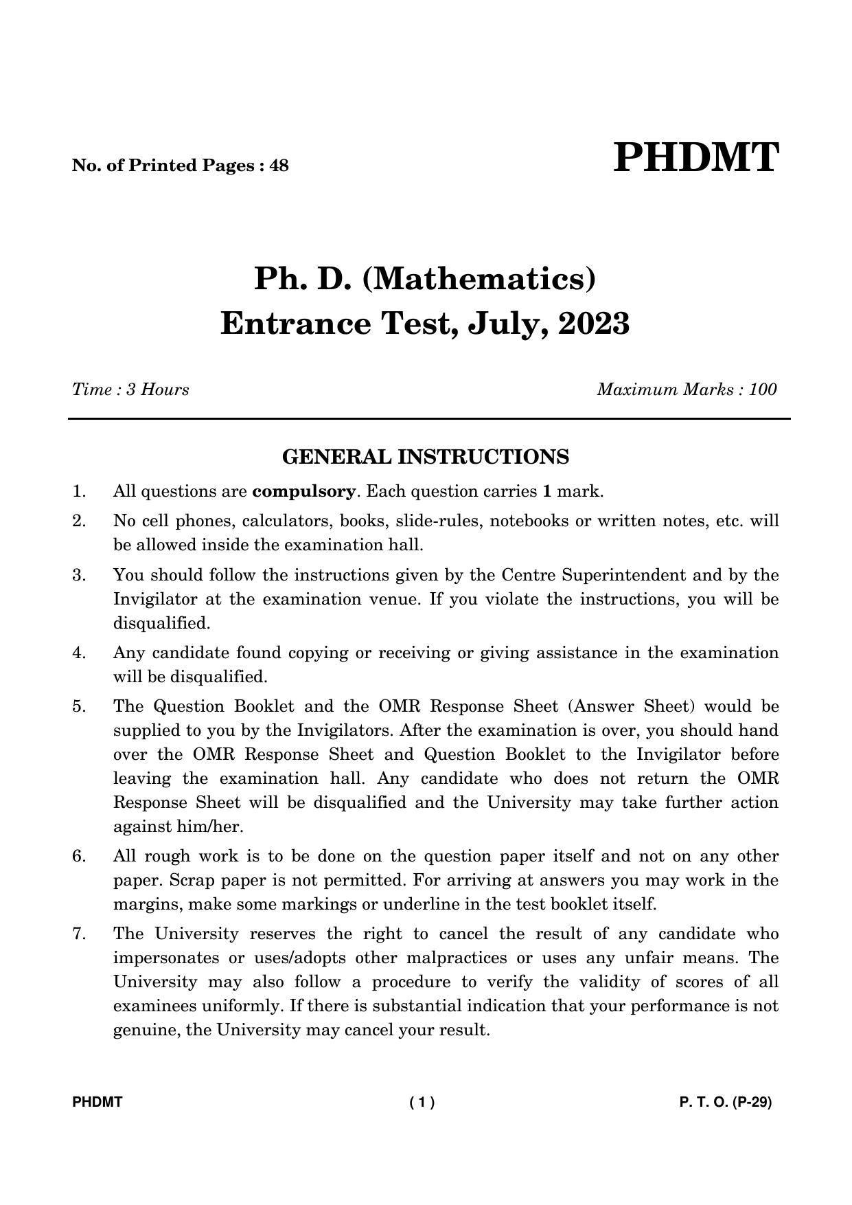 IGNOU PhD Entrance Test Ph. D. (Mathematics) Entrance Test, July, 2023 ...