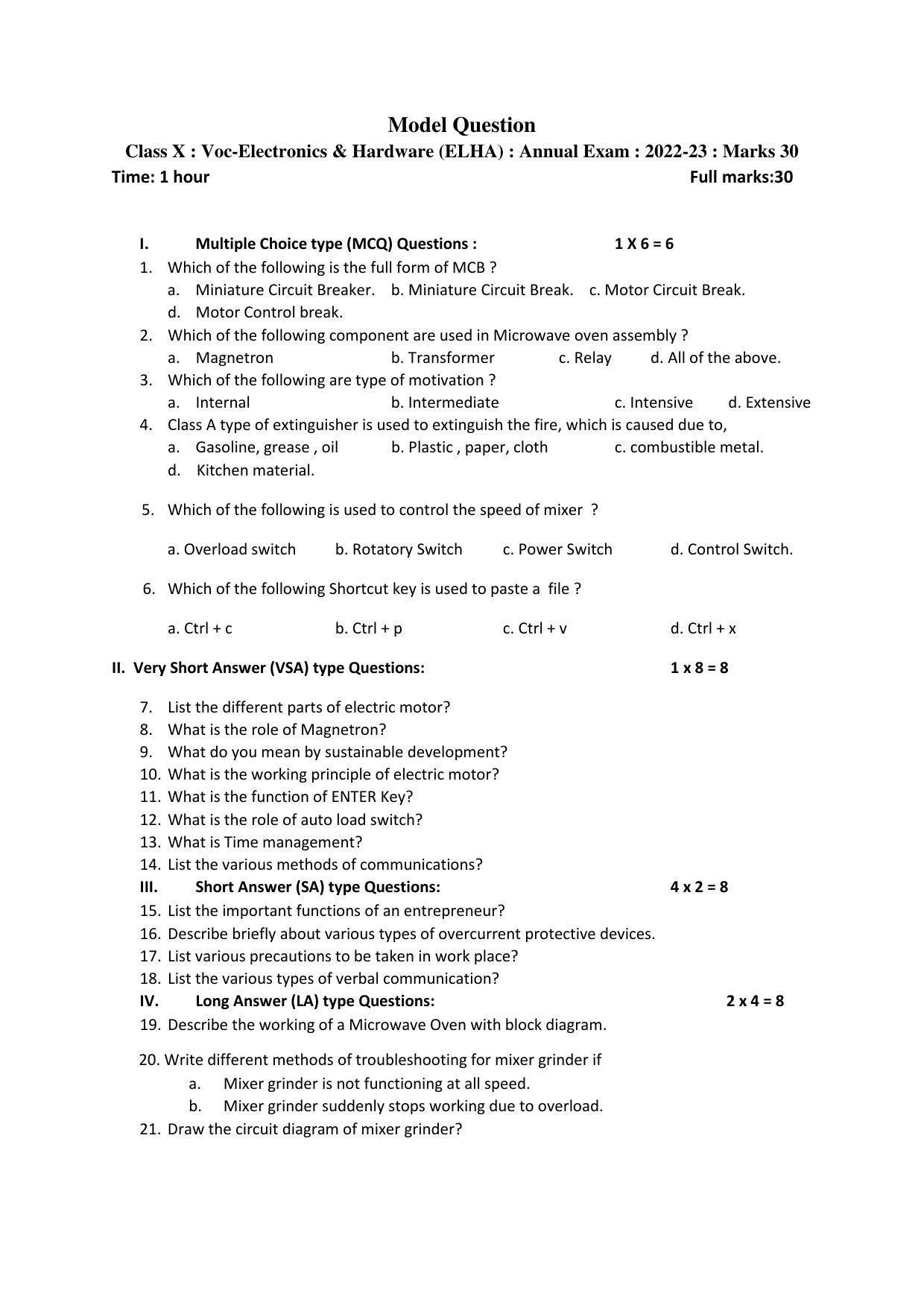 TBSE Class 10 Vocational Model Question Paper - IndCareer Schools