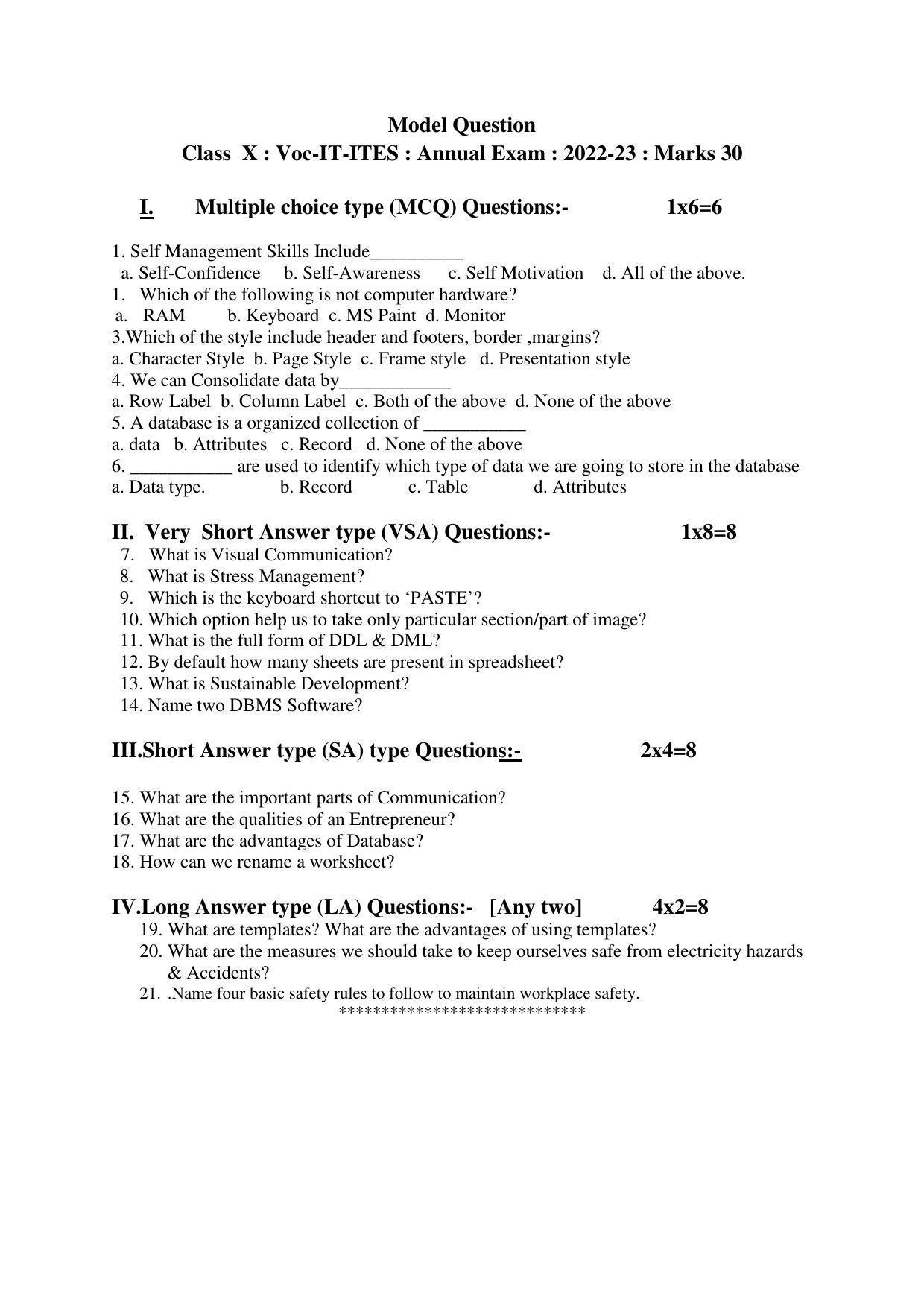 TBSE Class 10 Vocational Model Question Paper - IndCareer Schools