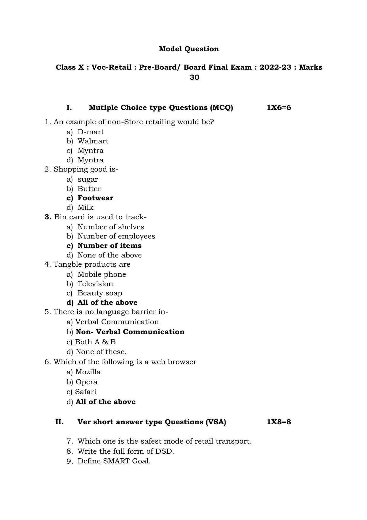 TBSE Class 10 Vocational Model Question Paper - IndCareer Schools