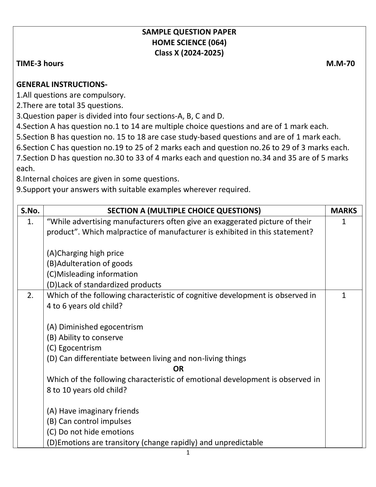 CBSE Class 10 Home Science Sample Paper 2025 - IndCareer Schools