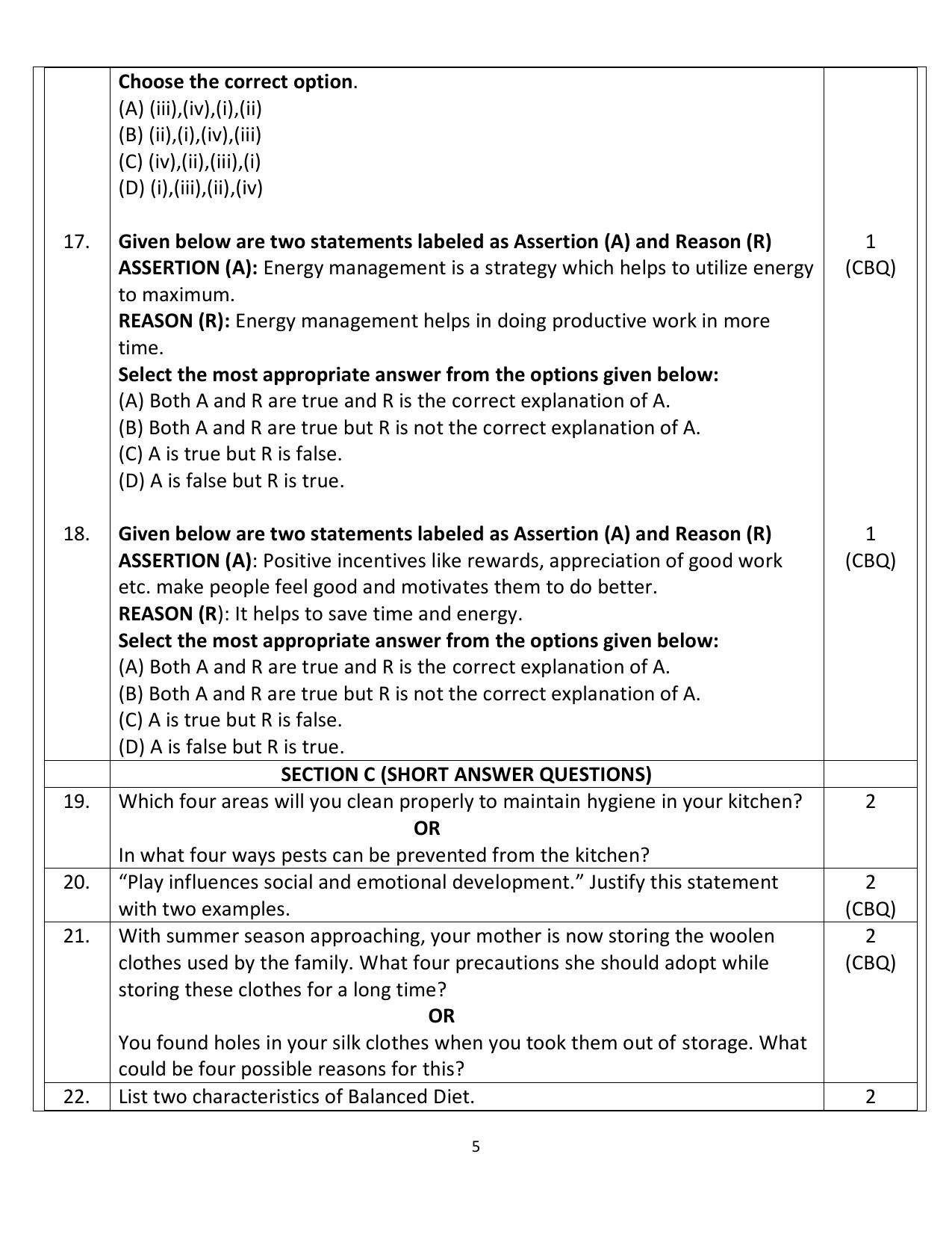 CBSE Class 10 Home Science Sample Paper 2025 - IndCareer Schools