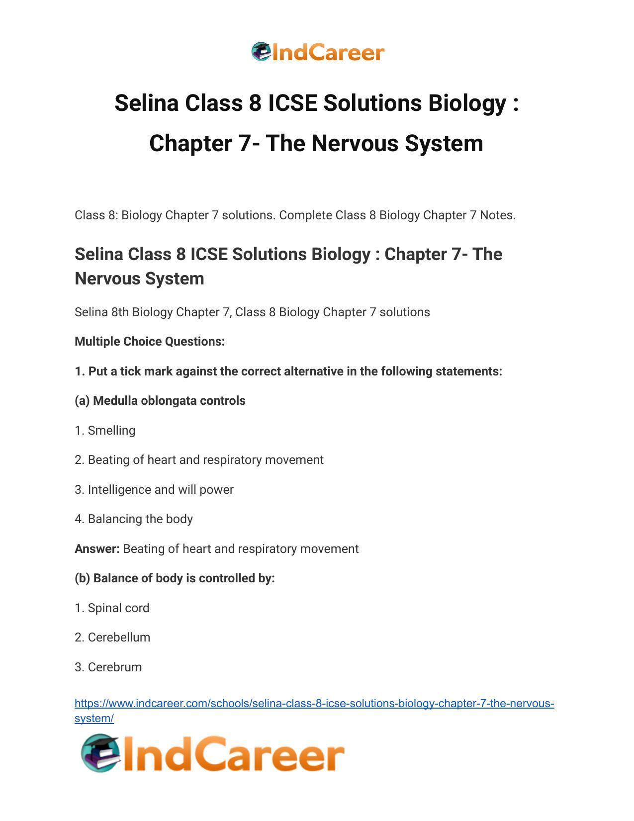 Selina Class 8 ICSE Solutions Biology : Chapter 7- The Nervous System ...