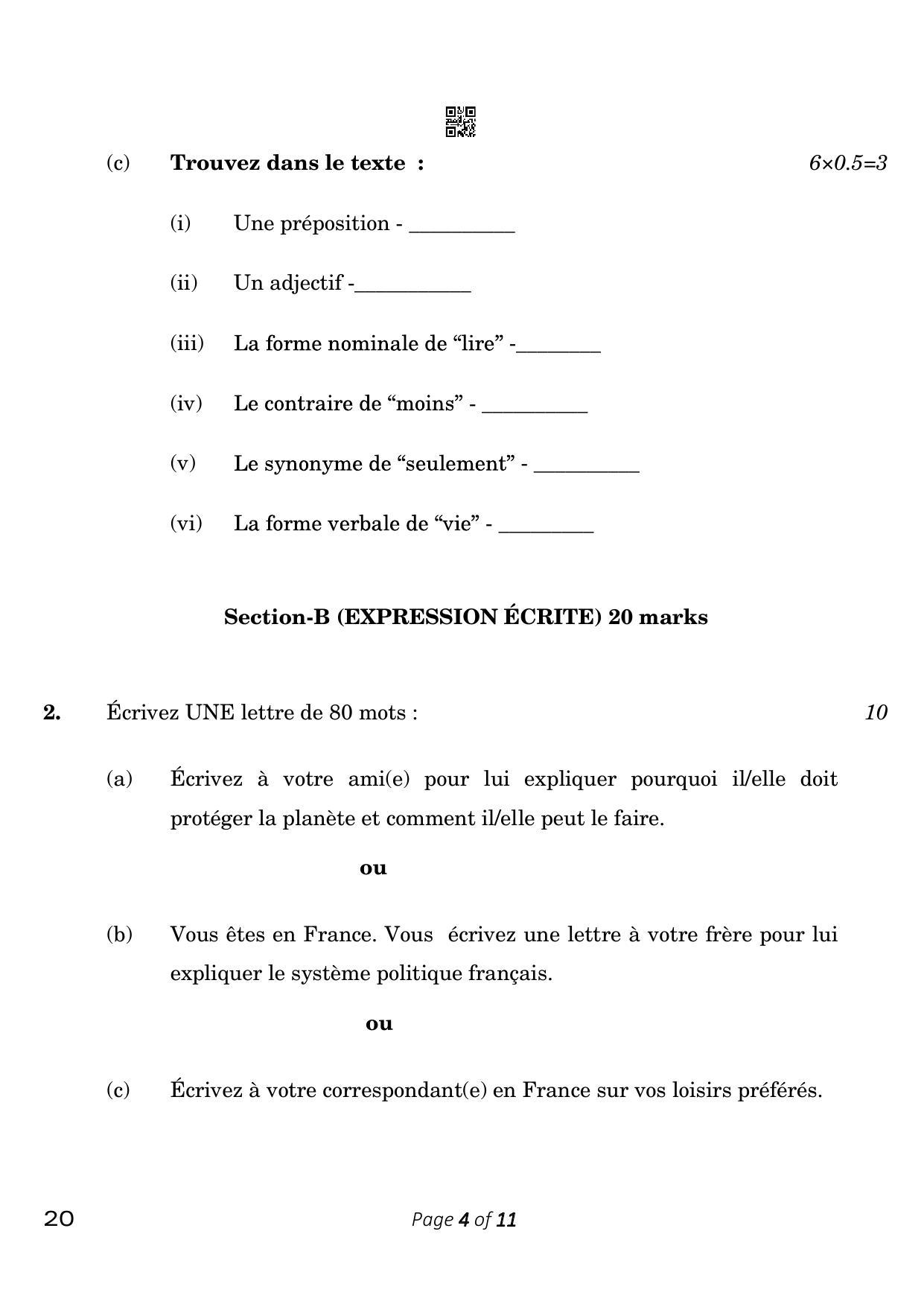 CBSE Class 10 French (Compartment) 2023 Question Paper - IndCareer Docs