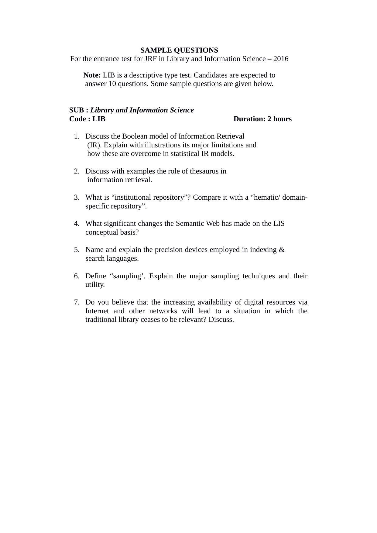 ISI Admission Test JRF in Library and Information Science LIB 2016 ...