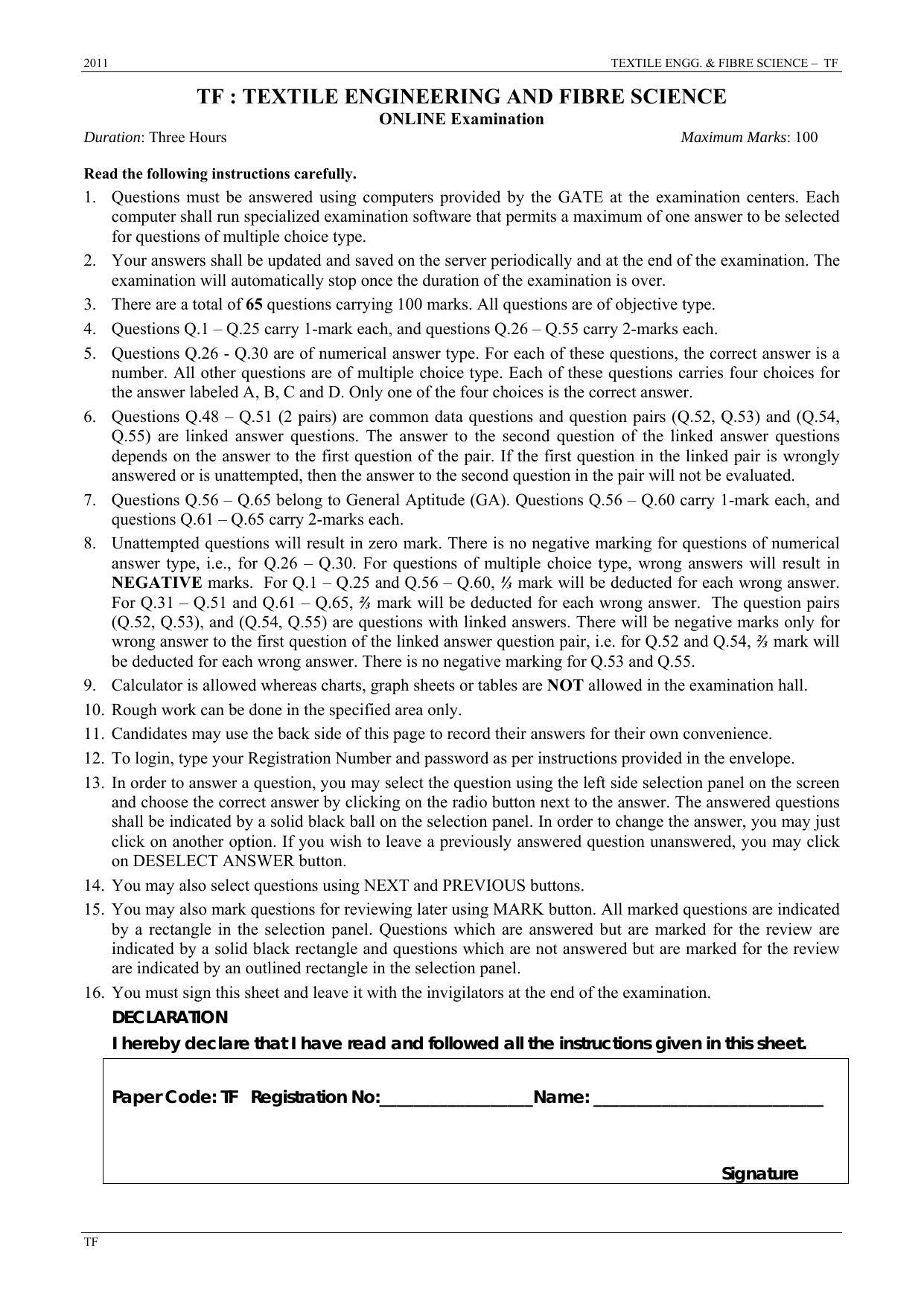 GATE 2011 Textile Engineering and Fibre Science (TF) Question Paper ...