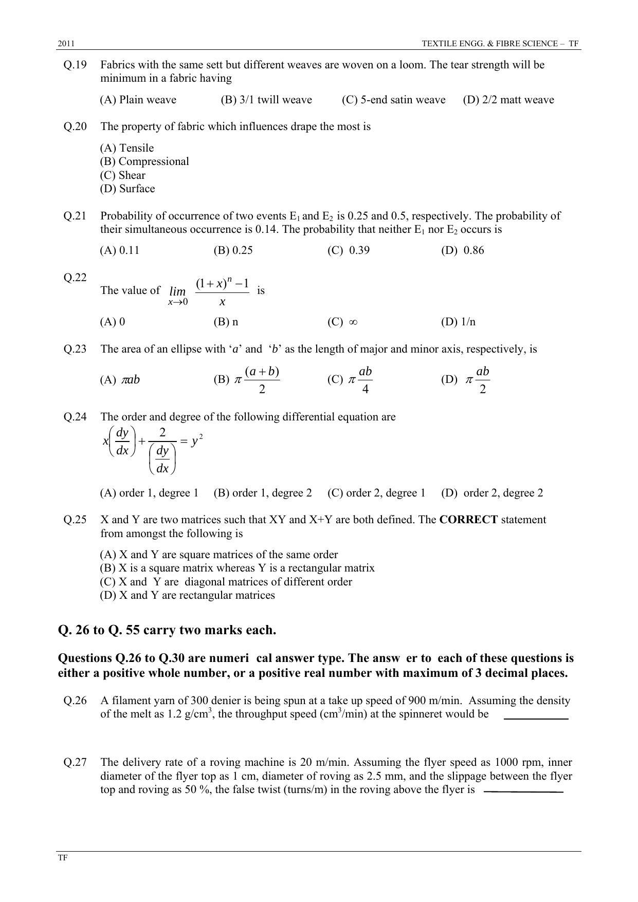 GATE 2011 Textile Engineering and Fibre Science (TF) Question Paper ...