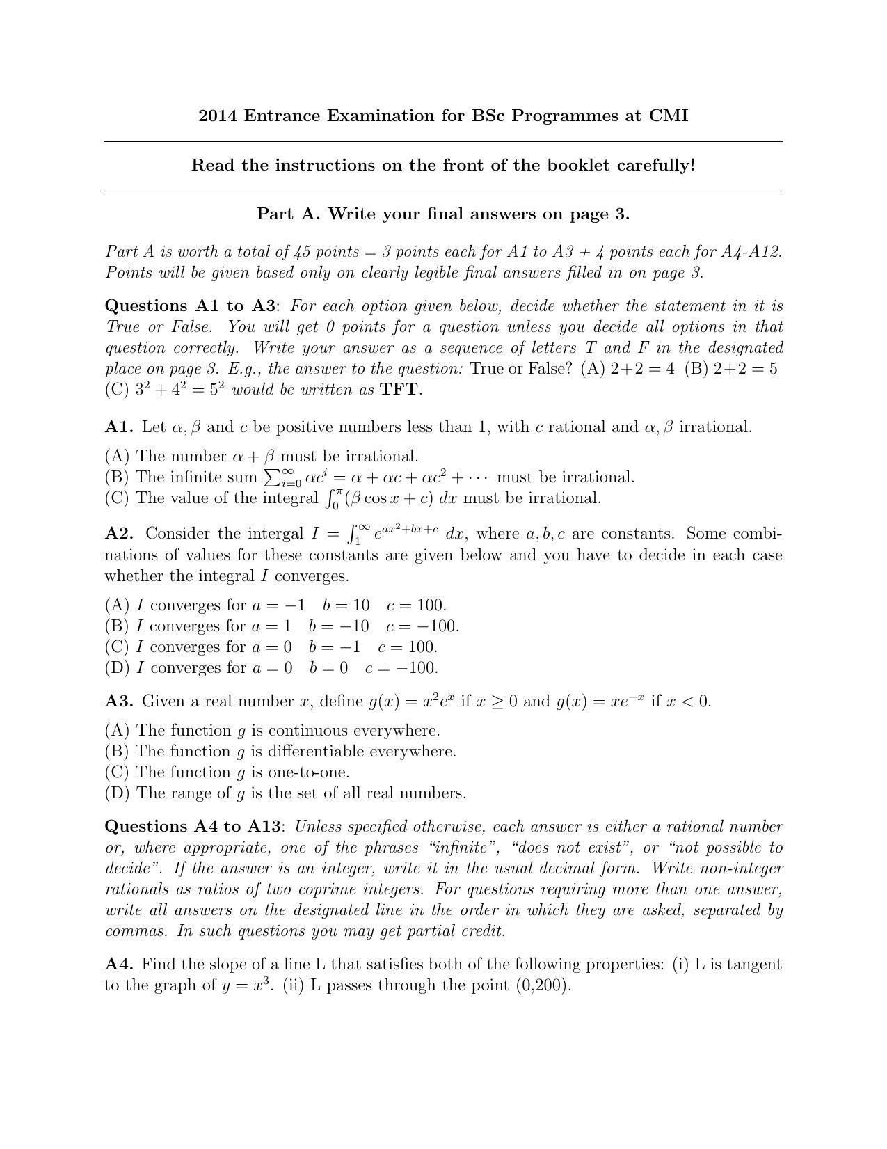 CMI Entrance Exam 2014 Question Paper B.Sc (Hons.) Mathematics and ...