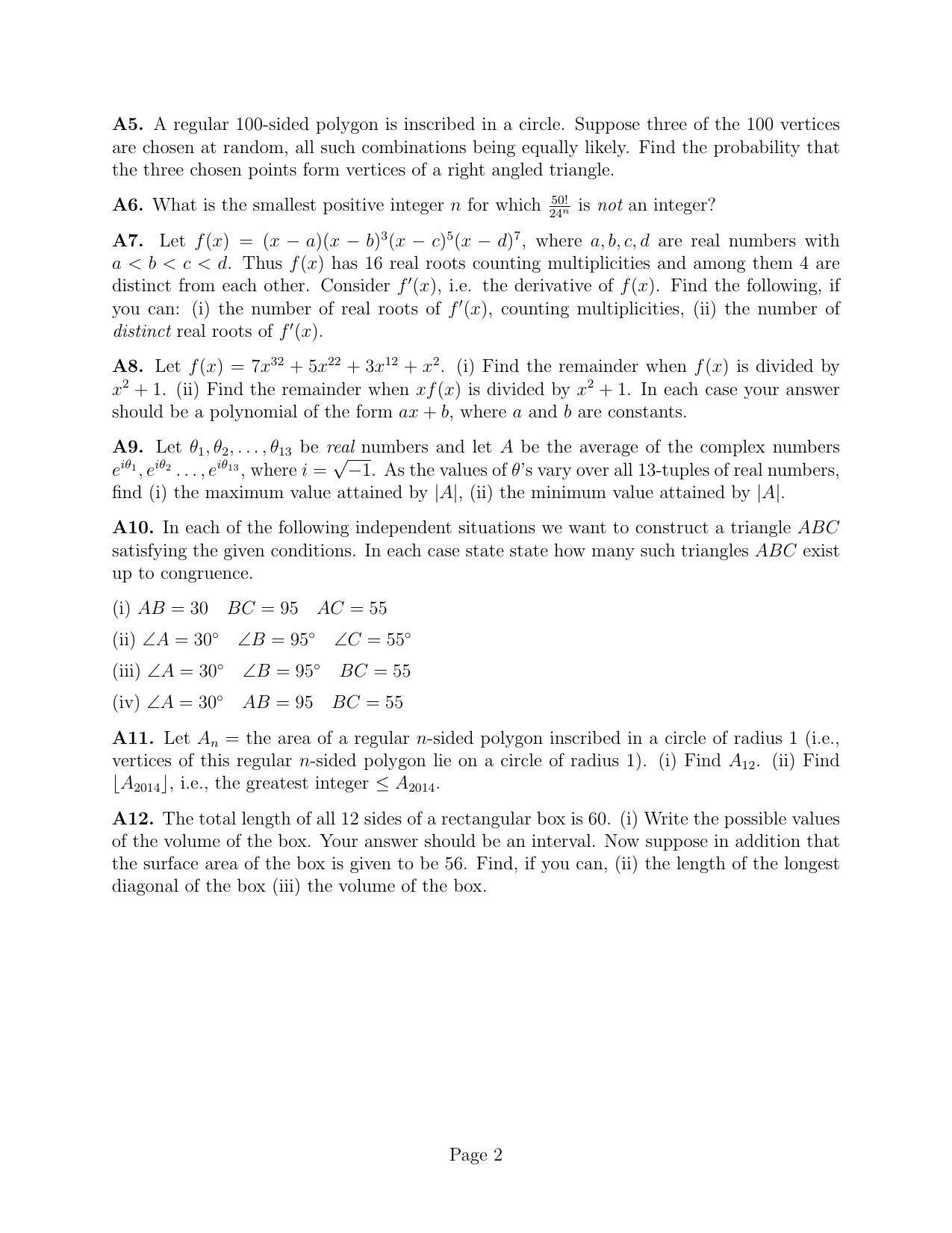 CMI Entrance Exam 2014 Question Paper B.Sc (Hons.) Mathematics and ...