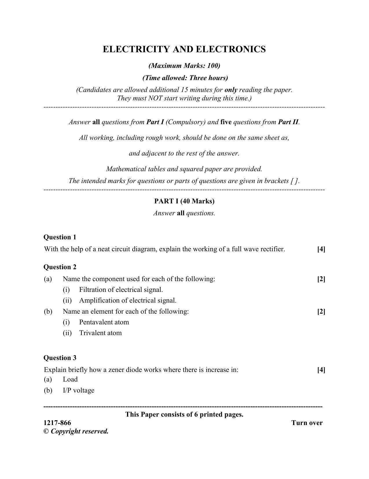 ISC Class 12 2017 ELECTRICITY AND ELECTRONICS Question Paper ...
