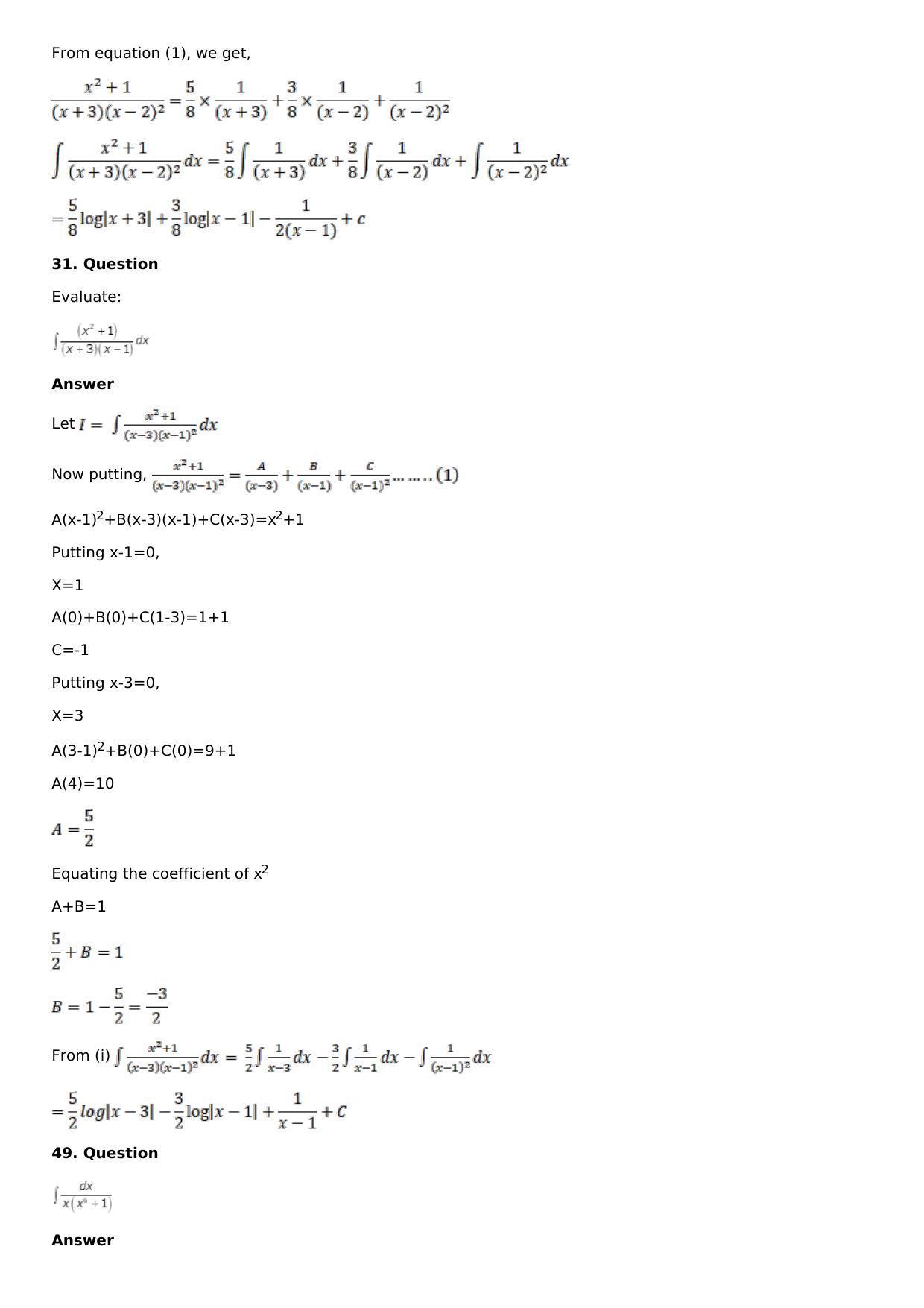 RS Aggarwal Solutions for 12th Class Maths Chapter 15-Integration Using Partial Fractions ...