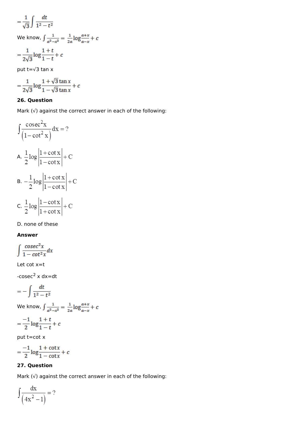RS Aggarwal Solutions for 12th Class Maths Chapter 15-Integration Using Partial Fractions ...