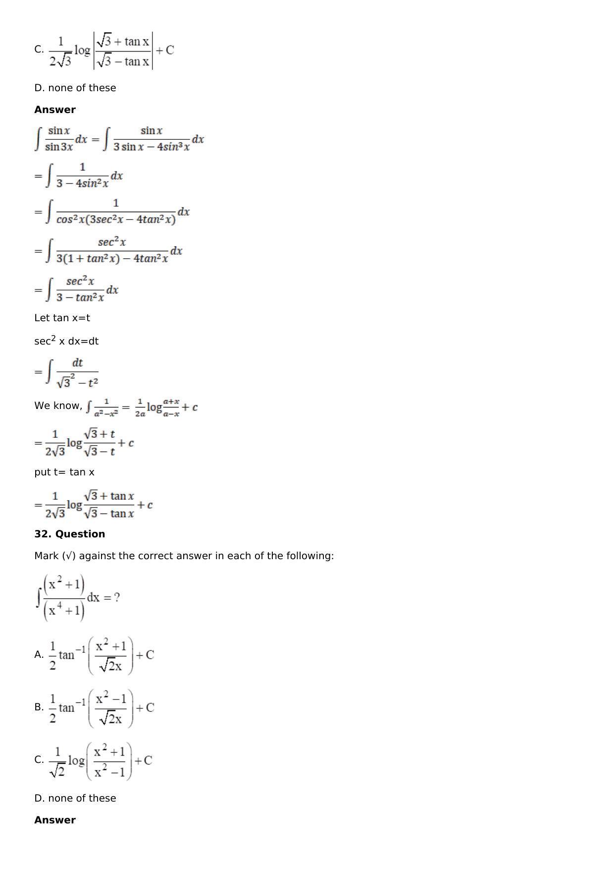 RS Aggarwal Solutions for 12th Class Maths Chapter 15-Integration Using Partial Fractions ...