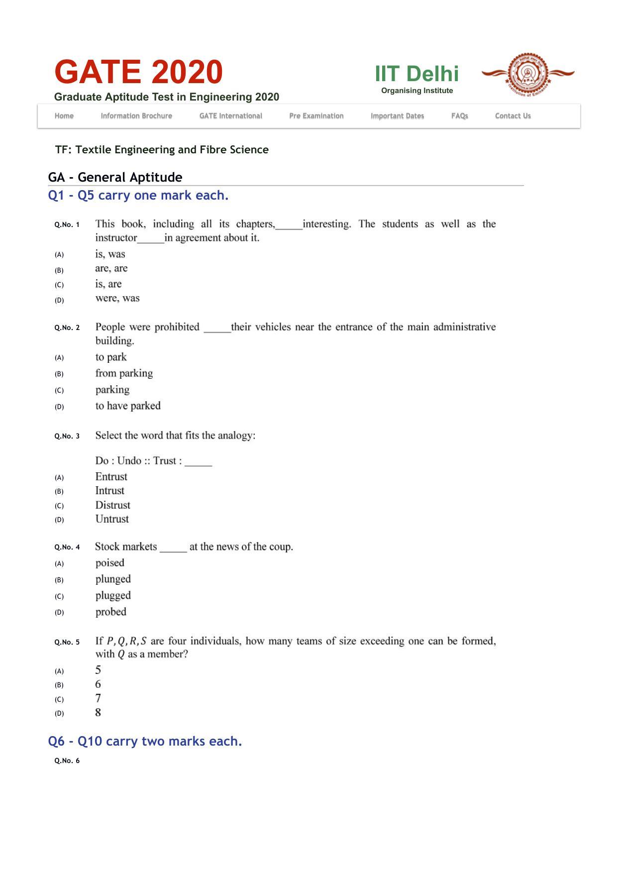 GATE 2020 Textile Engineering and Fibre Science (TF) Question Paper ...
