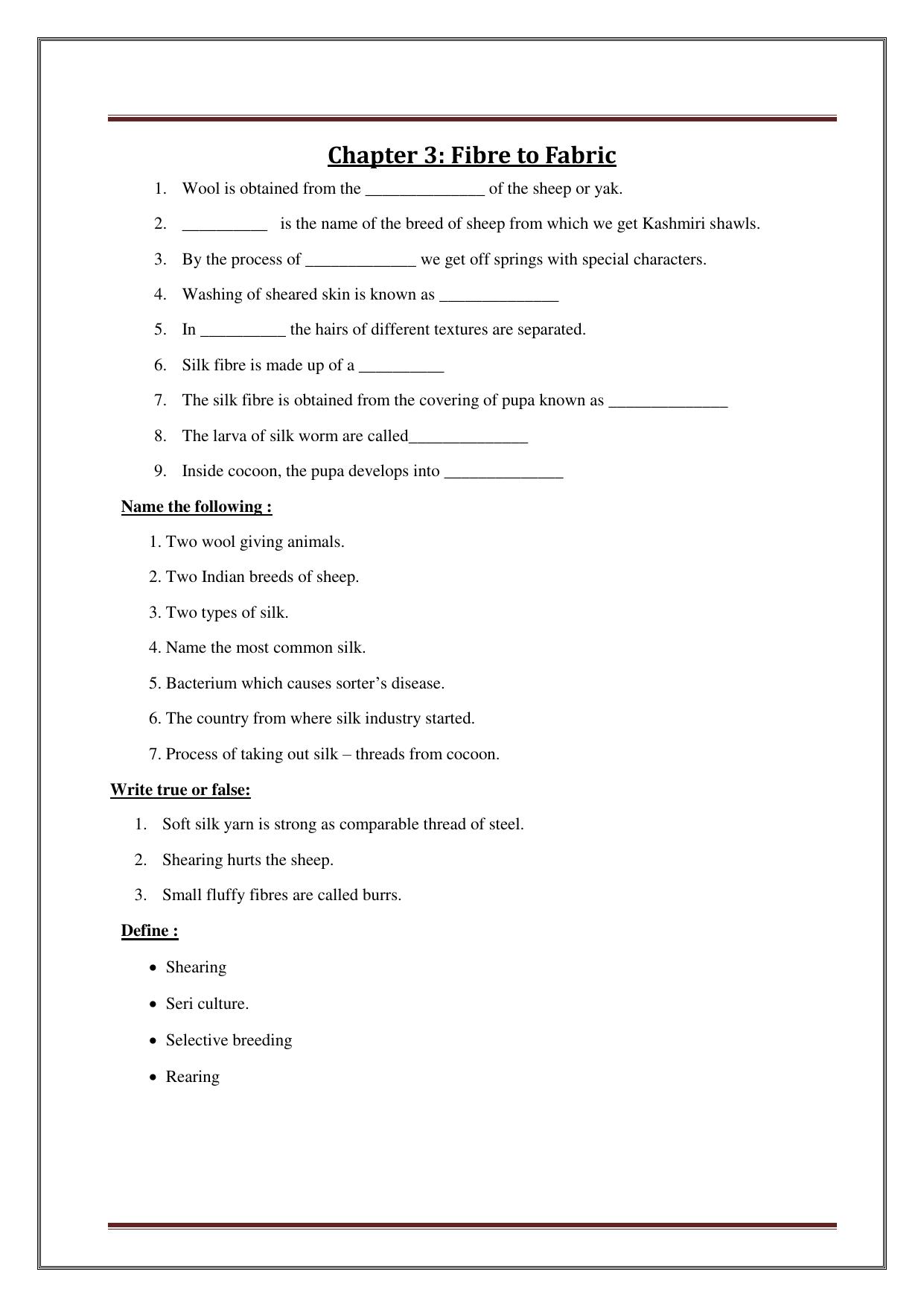CBSE Worksheets for Class 7 Science Fibre to Fabric Assignment ...
