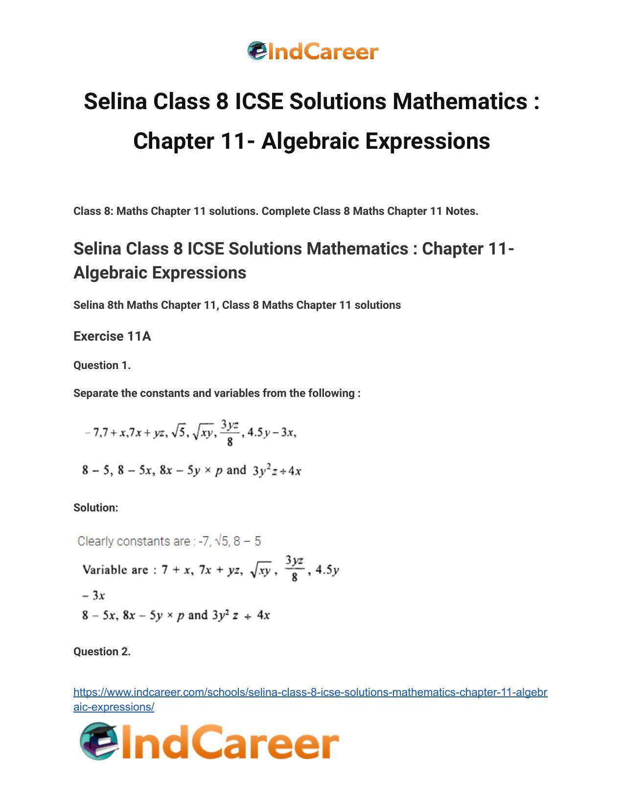 Selina Class 8 ICSE Solutions Mathematics : Chapter 11- Algebraic ...