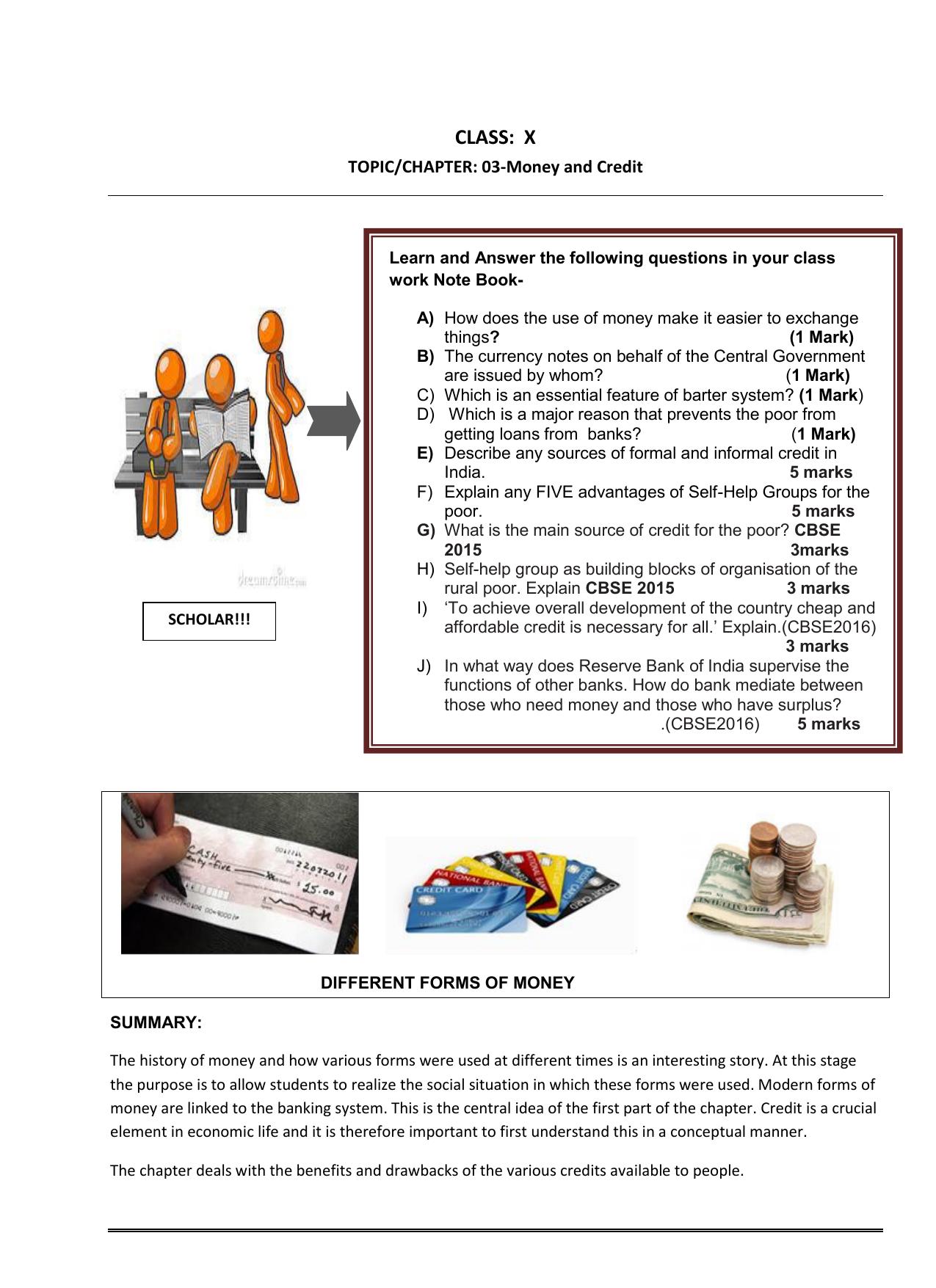 CBSE Worksheets for Class 10 Social Science Money and Credit Assignment ...