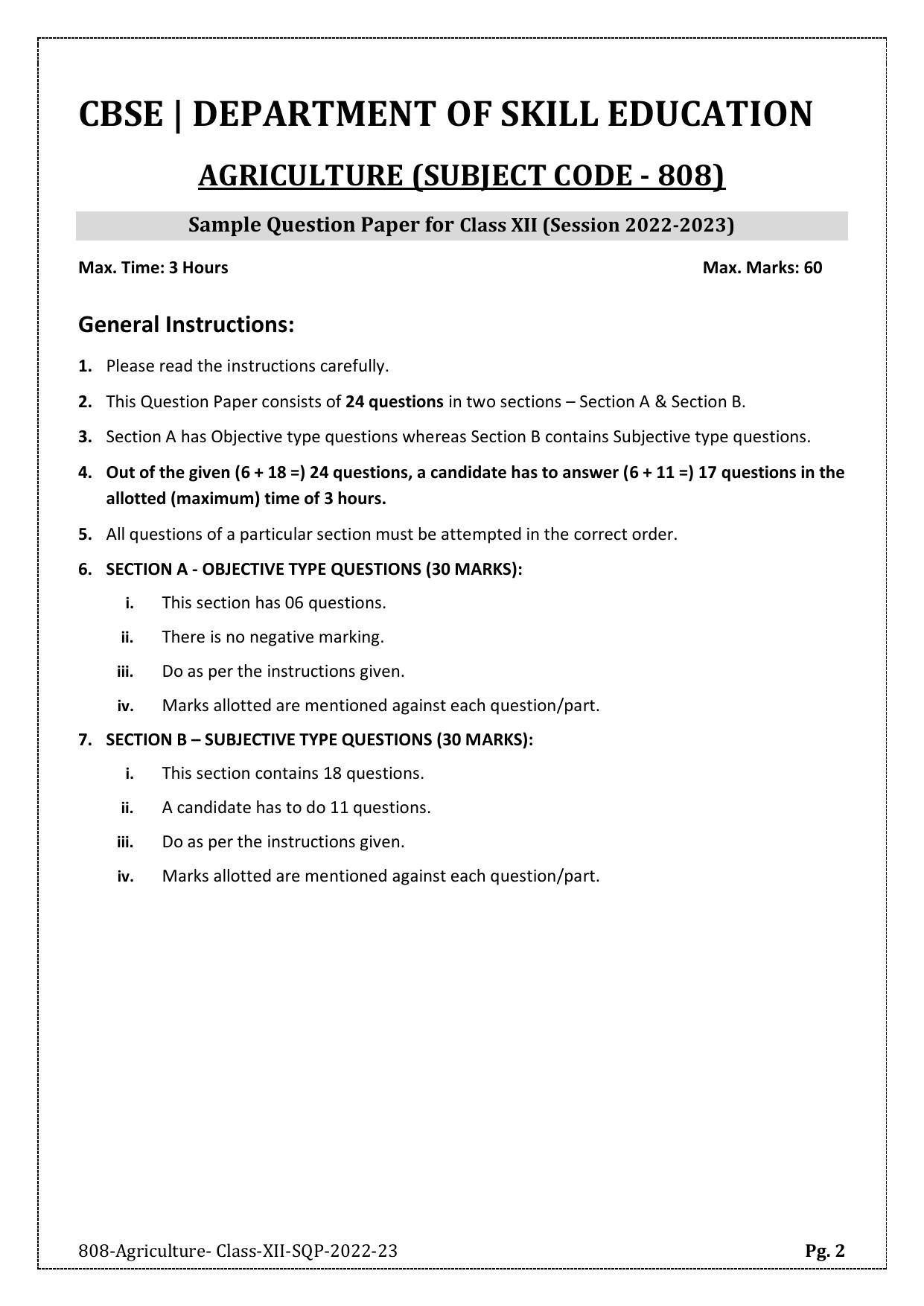 CBSE Class 12 Agriculture Sample Paper - IndCareer Schools