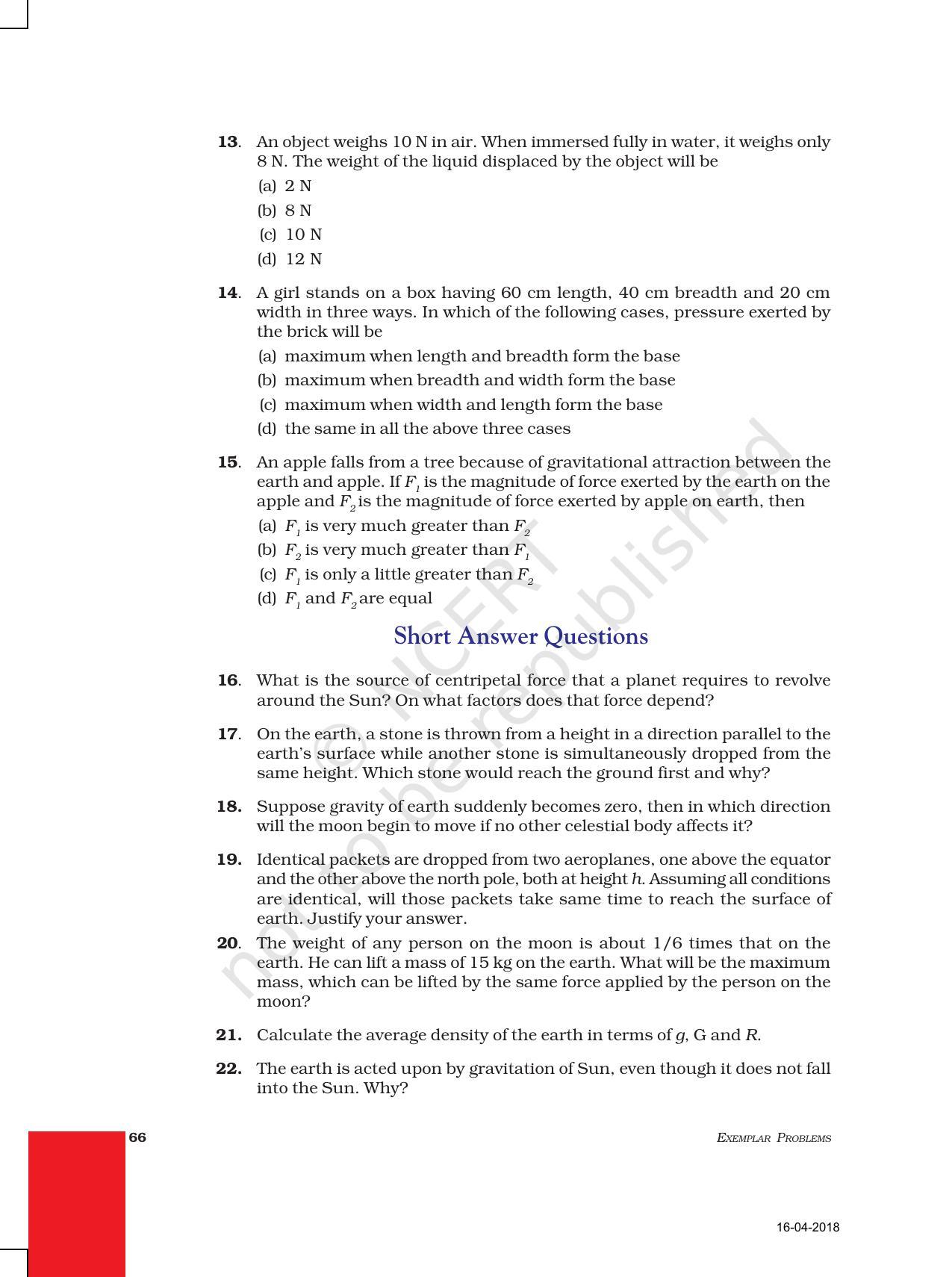 NCERT Exemplar Book for Class 9 Science Chapter 10 Gravitation