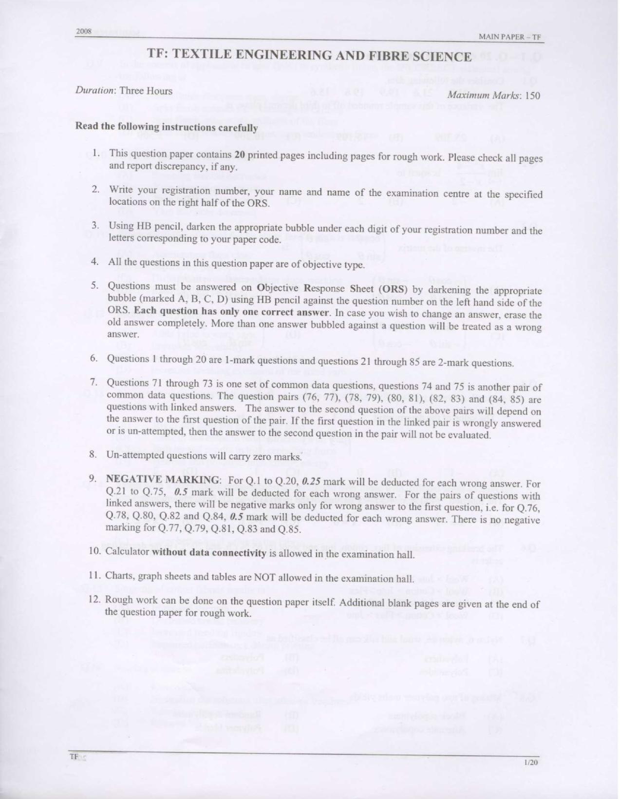 GATE 2008 Textile Engineering and Fibre Science (TF) Question Paper ...
