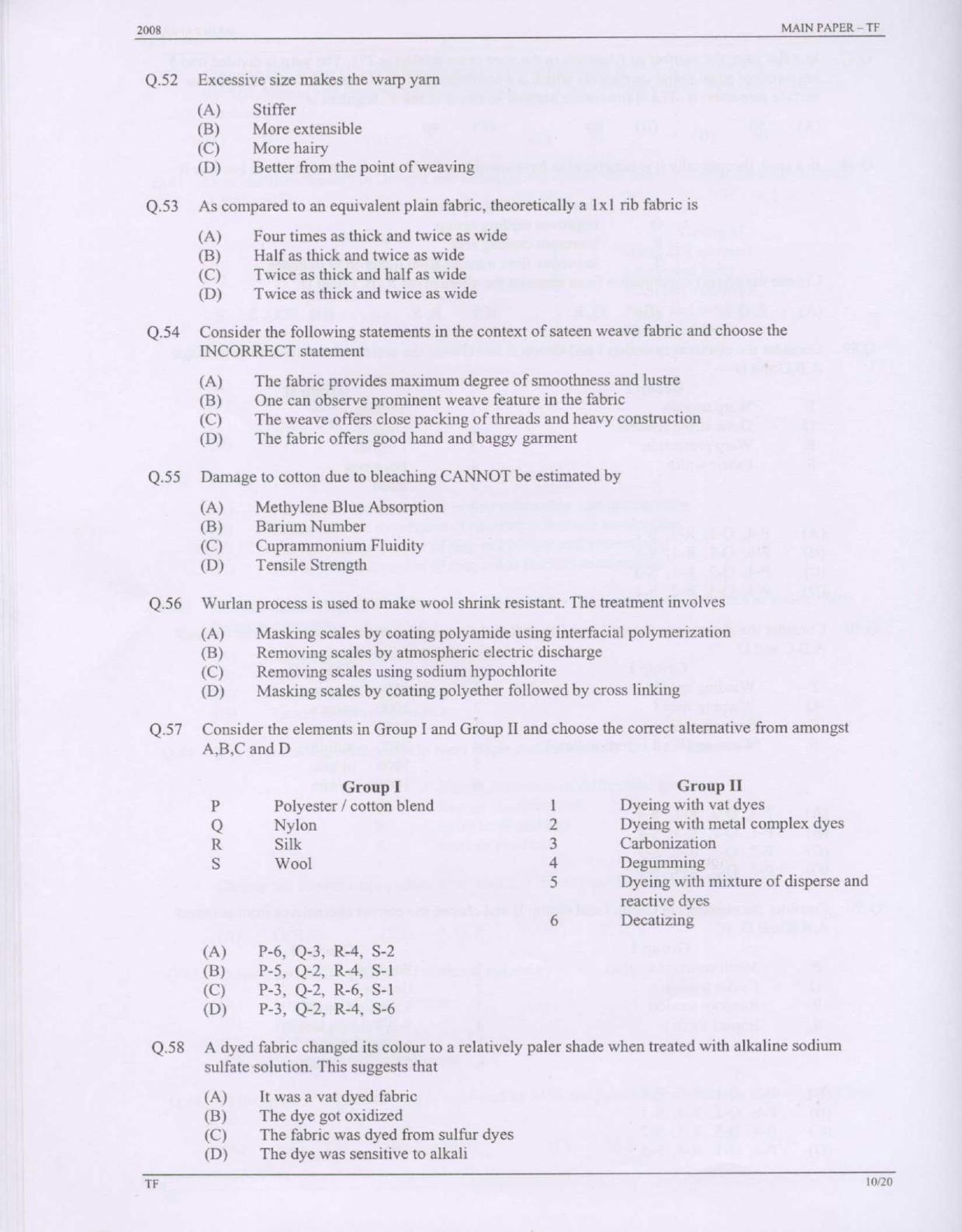 GATE 2008 Textile Engineering and Fibre Science (TF) Question Paper ...