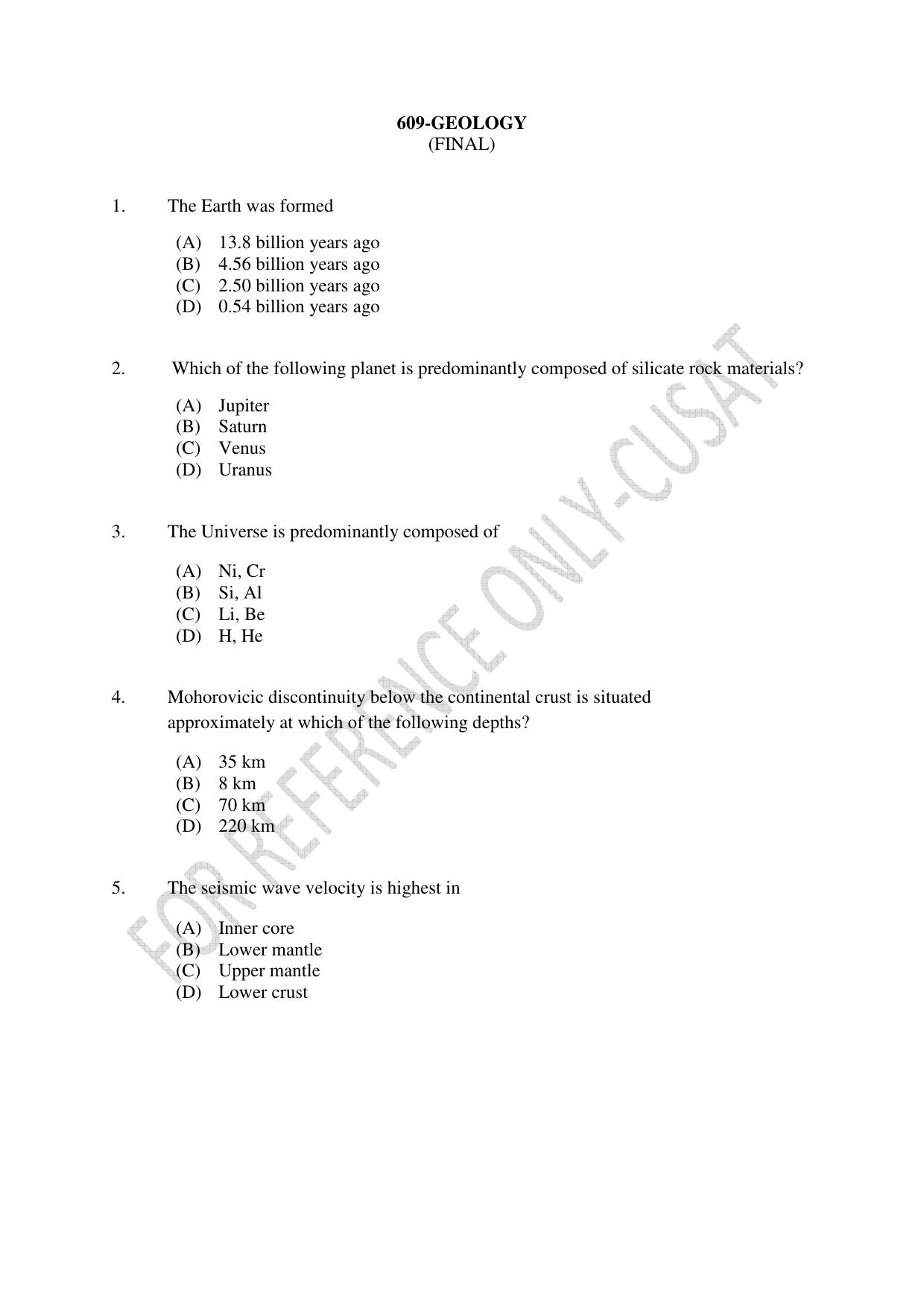 CUSAT CAT 2022 GEOLOGY Question Paper - IndCareer Docs