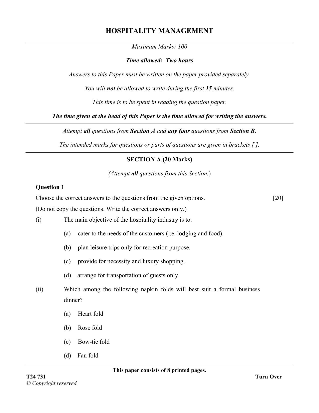 ICSE Class 10 Hospitality Management 2024 Question Paper - IndCareer Docs