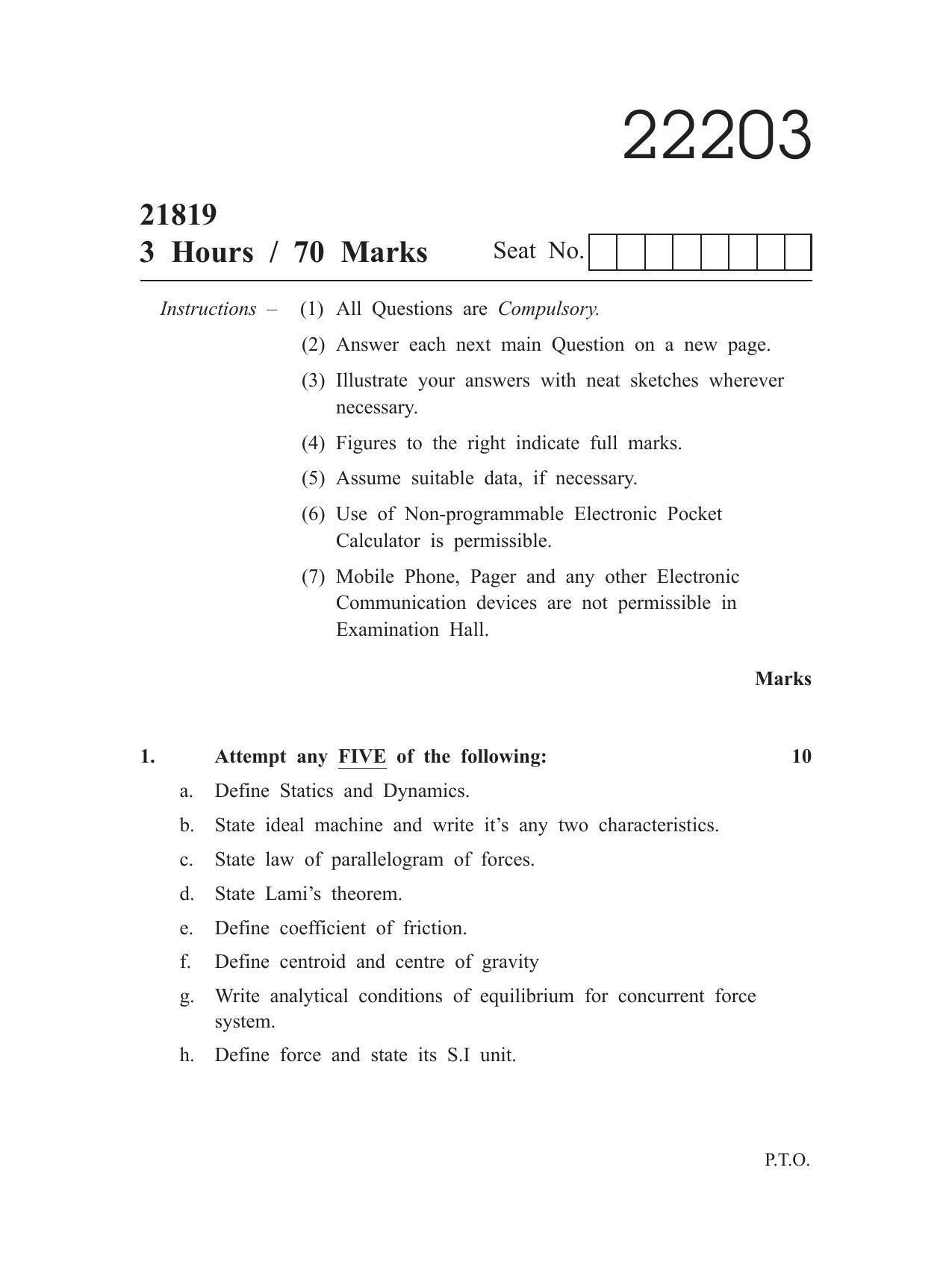 MSBTE Summer Question Paper 2019 - Applied Mechanic - IndCareer Docs