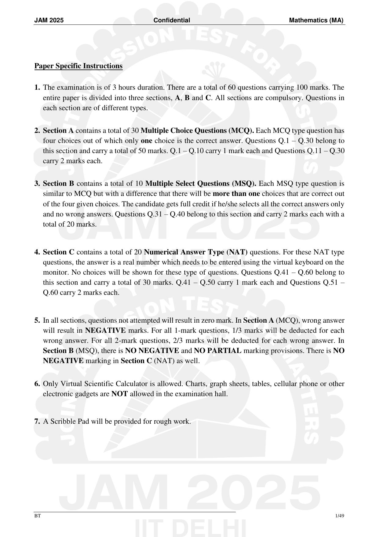 IIT JAM 2025 Mathematics (MA) Question Paper - IndCareer Docs