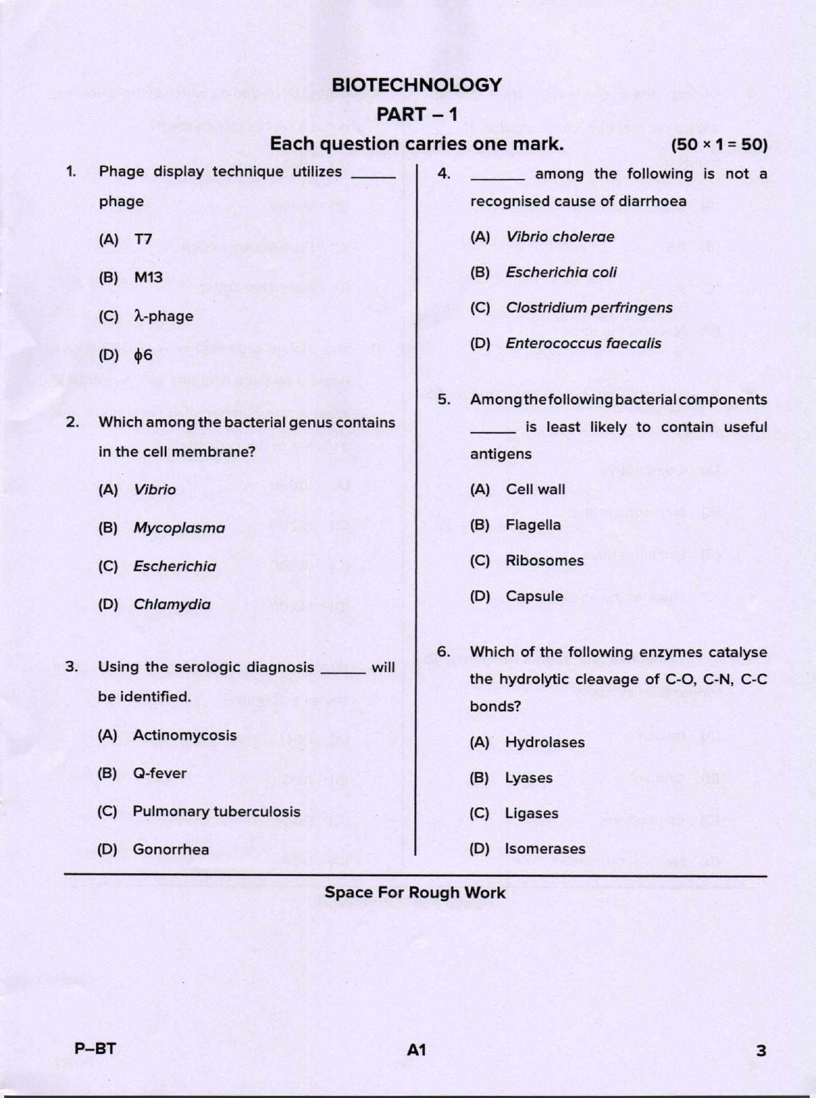 Karnataka PGCET 2020 Biotechnology Question Paper - IndCareer Docs