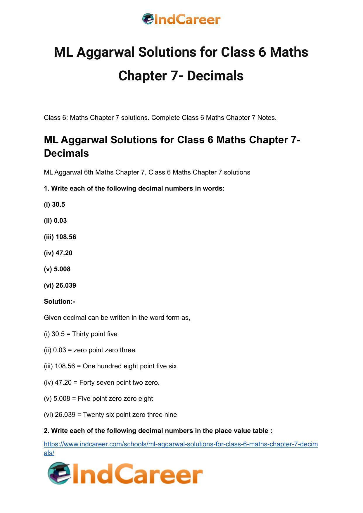 ML Aggarwal Solutions for Class 6 Maths Chapter 7- Decimals - IndCareer Docs