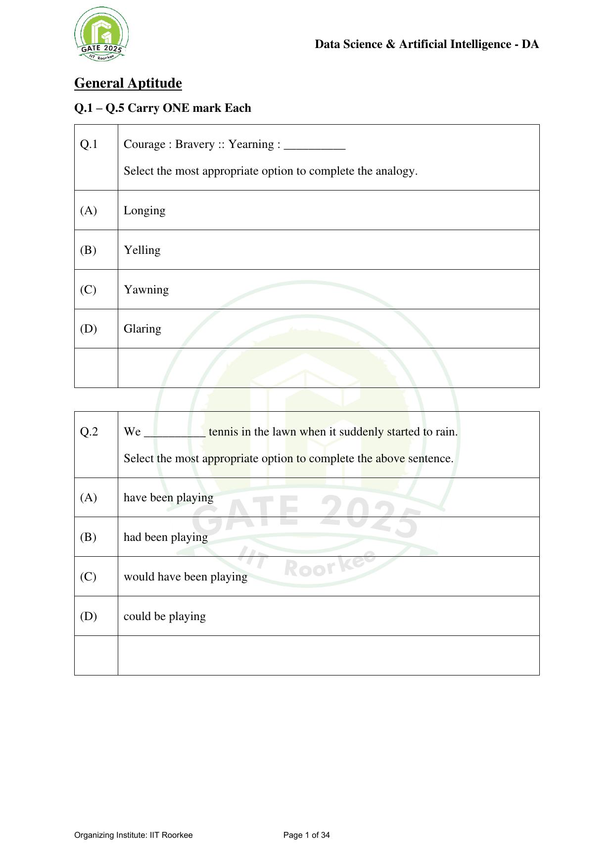 GATE 2025 Data Science and Artificial Intelligence (DA) Question Paper ...