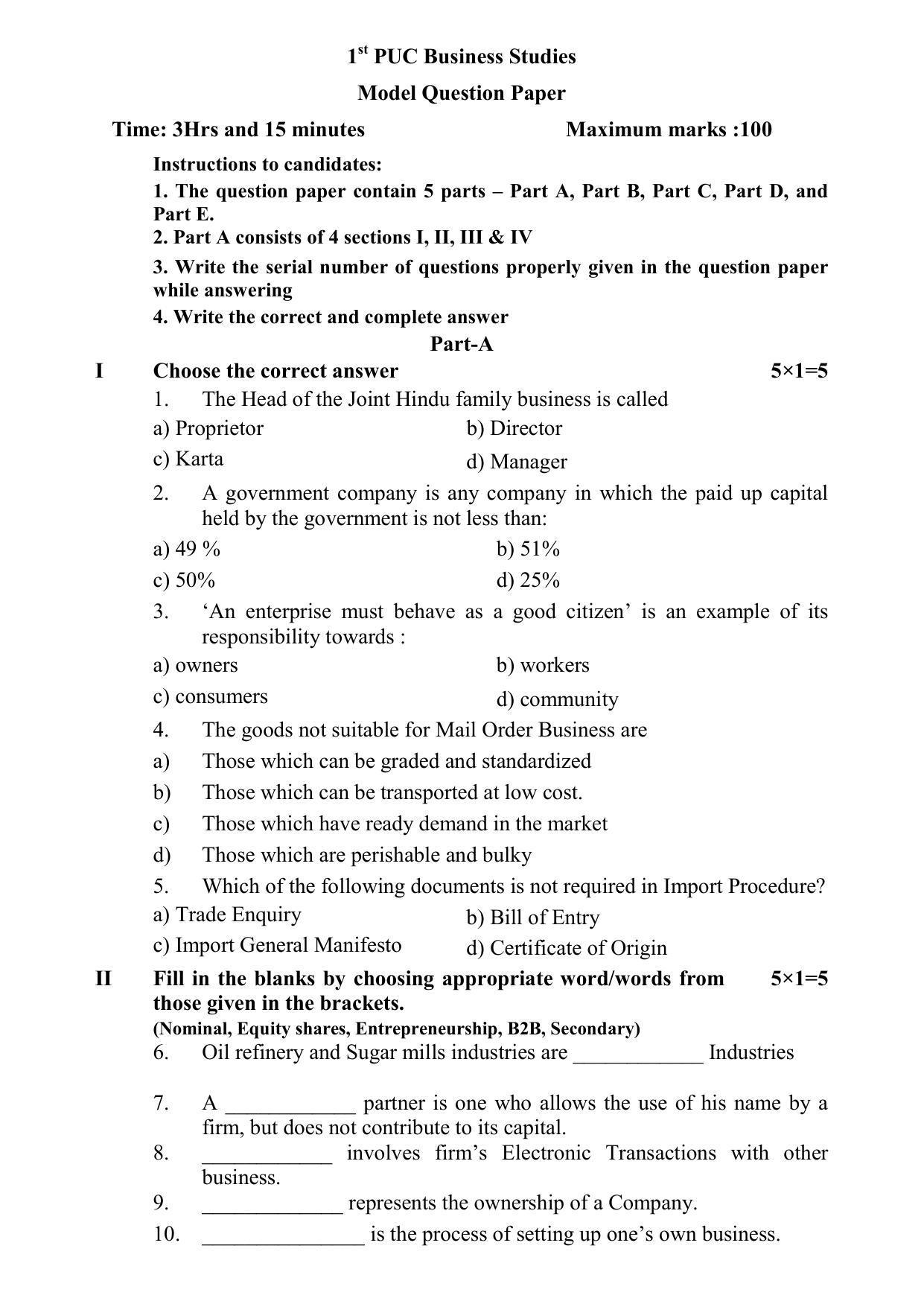 Karnataka 1st PUC BUSINESS STUDIES Model Question Paper - IndCareer Docs