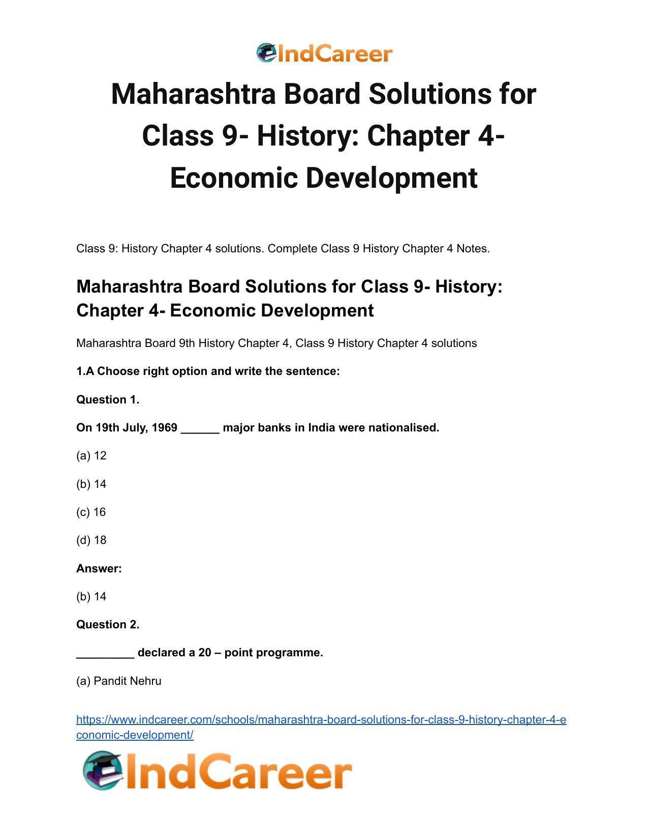 Maharashtra Board Solutions for Class 9- History: Chapter 4- Economic Development - IndCareer Docs