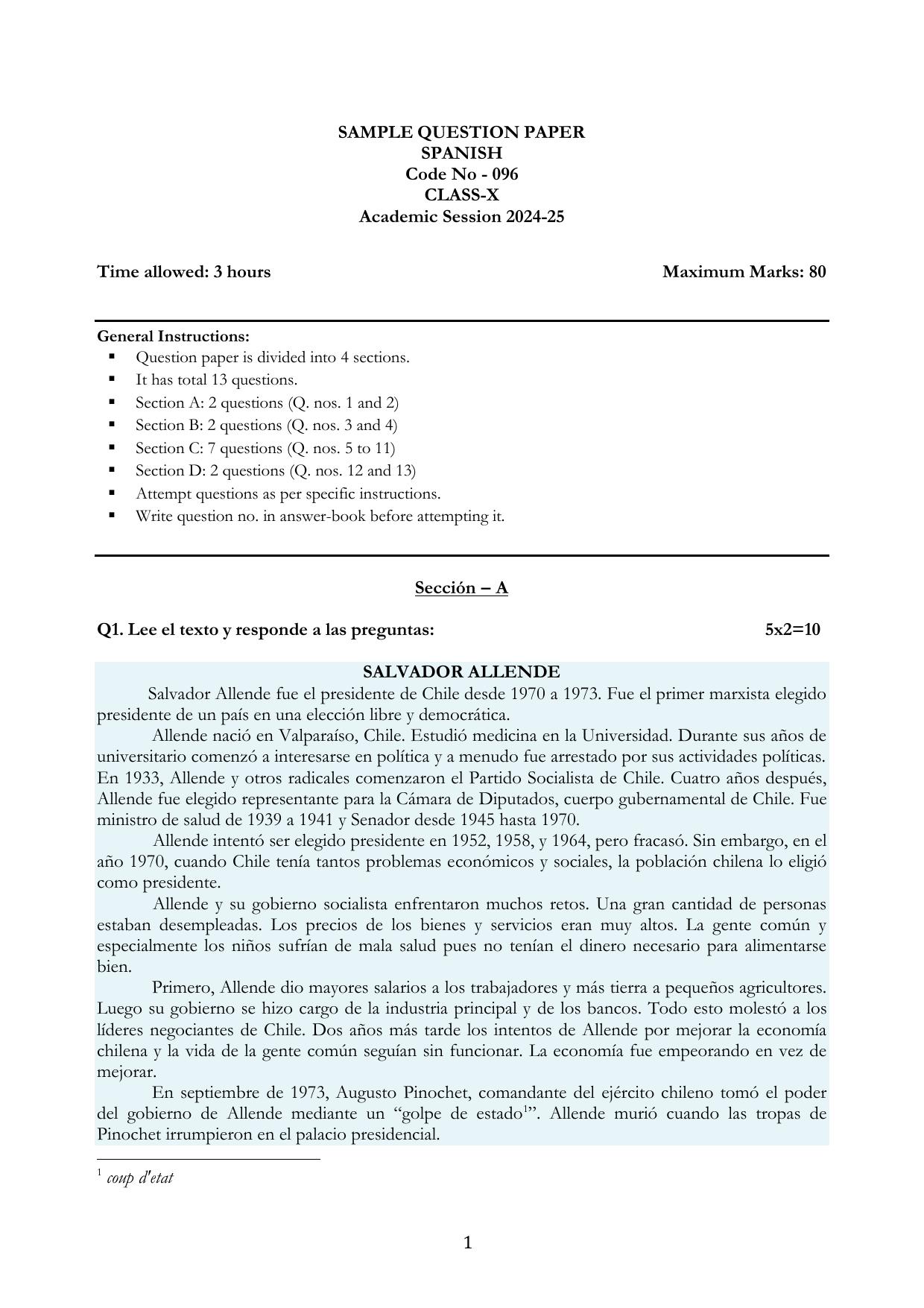 CBSE Class 10 Spanish Sample Paper 2025 - IndCareer Schools