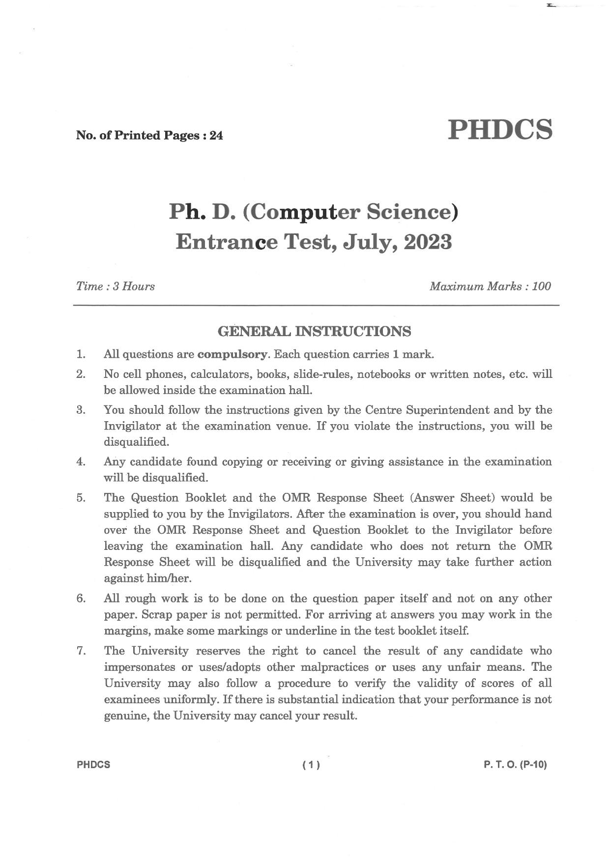 IGNOU PhD Entrance Test Ph. D. (Computer Science) Entrance Test, July ...