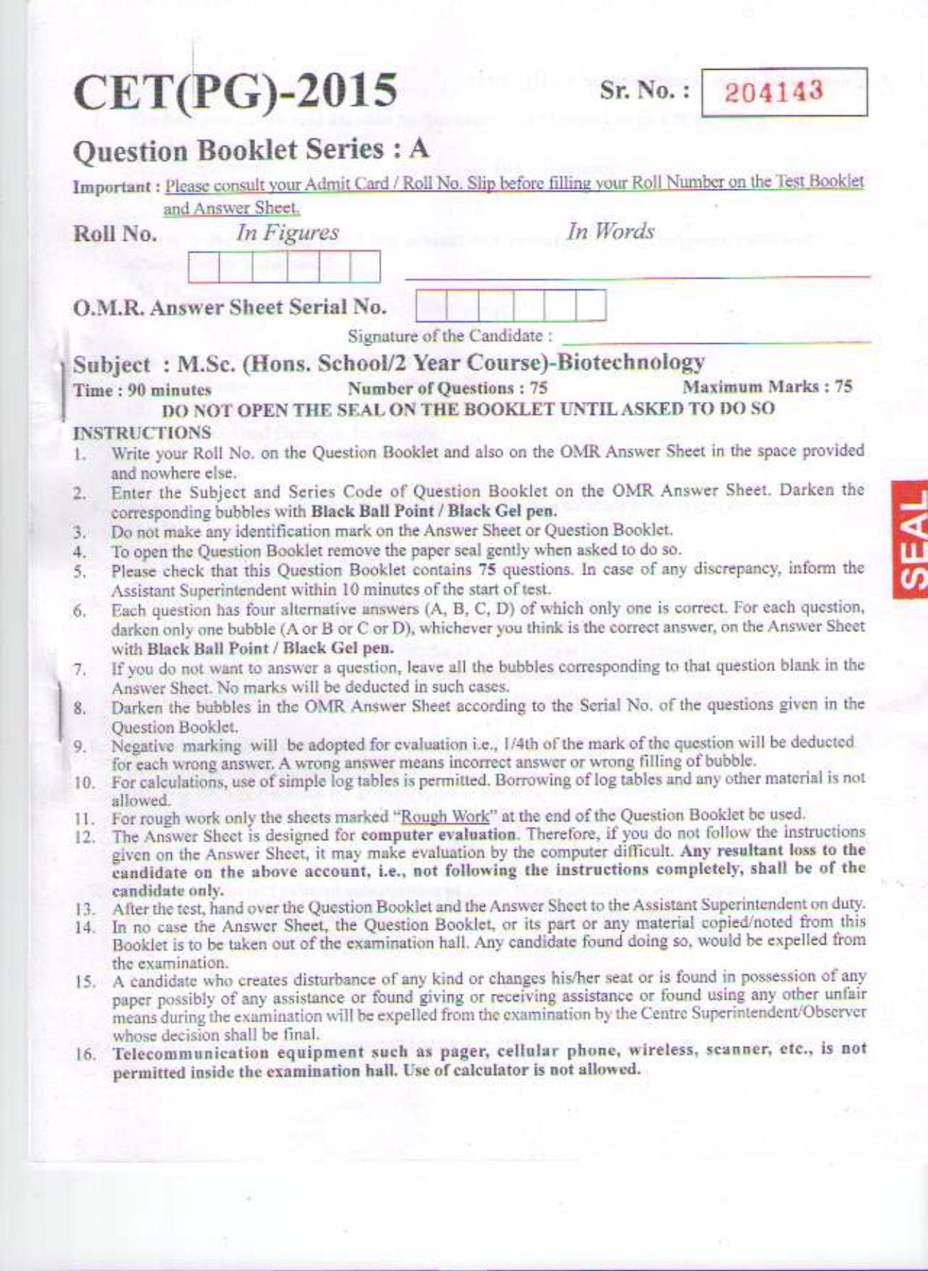 PU CET PG 2015: MSc (HS/2yr)(Biotechnology) Question Paper - IndCareer Docs