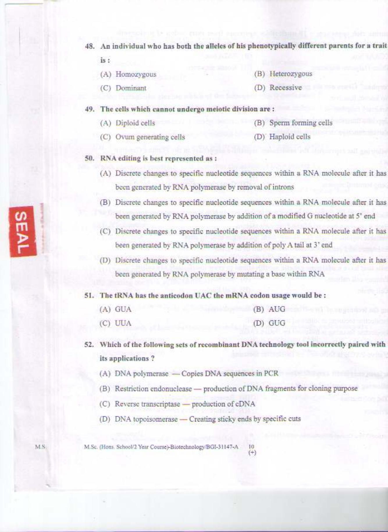 PU CET PG 2015: MSc (HS/2yr)(Biotechnology) Question Paper - IndCareer Docs