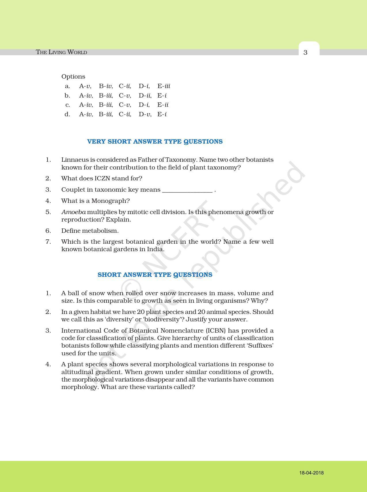 NCERT Exemplar Book for Class 11 Biology Chapter 1 The Living World