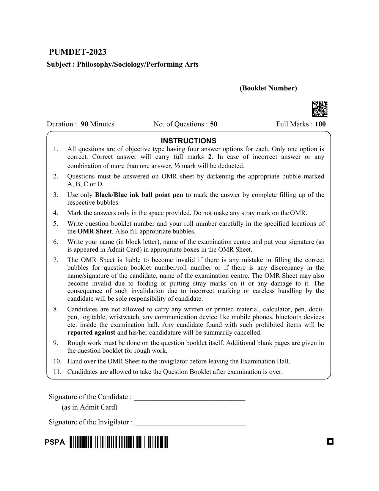 PUBDET 2023 philosophy/Sociology/Performing Arts Question Paper ...