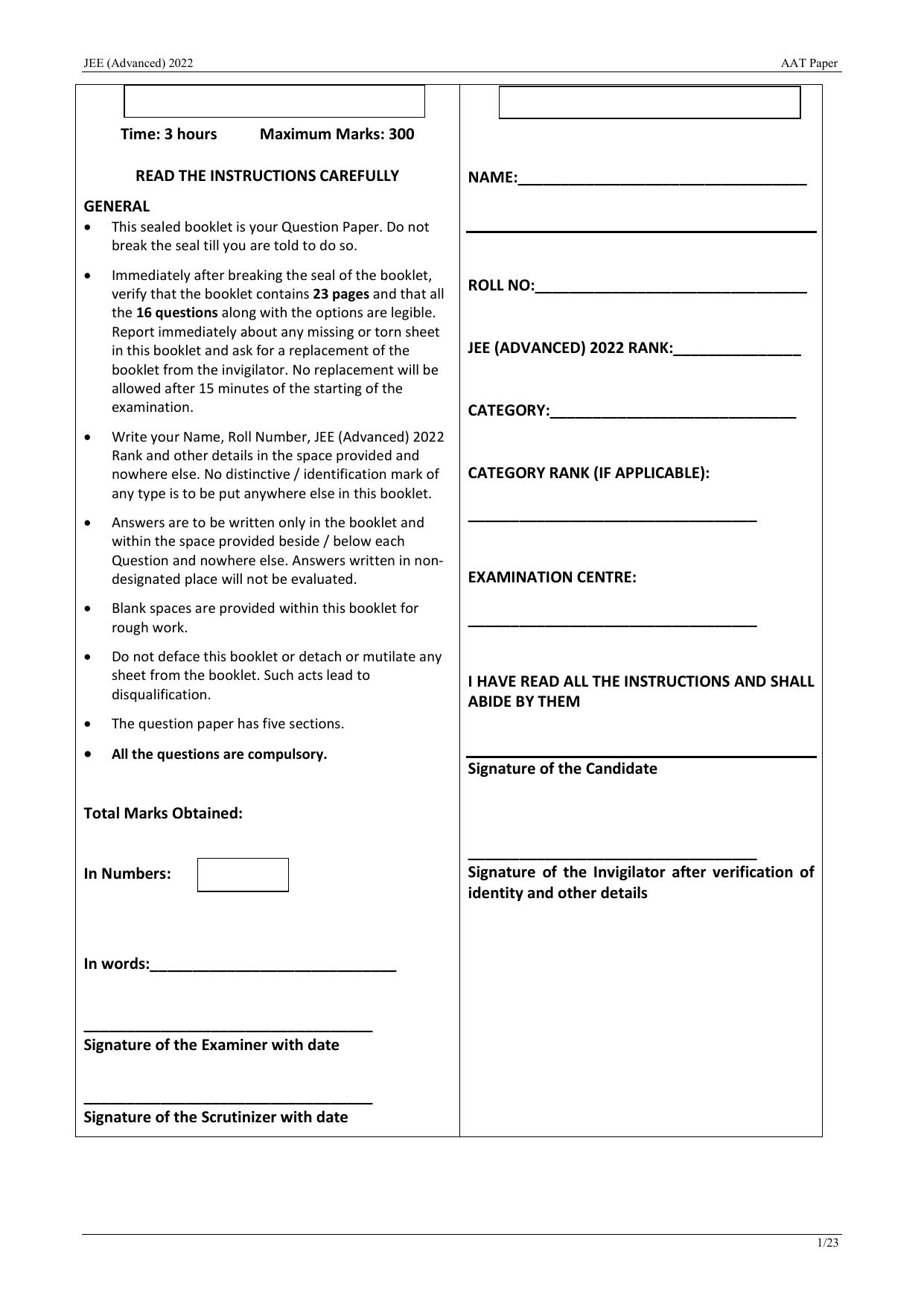 JEE Advanced AAT 2022 Question Paper - IndCareer Docs