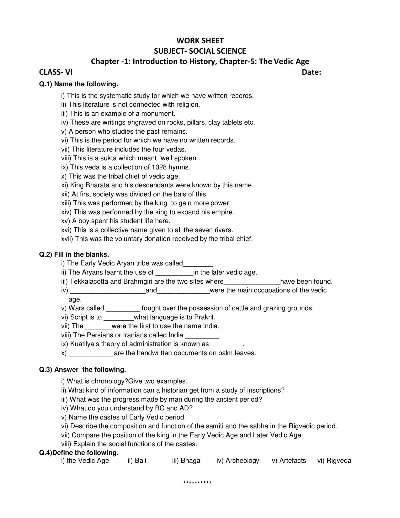 CBSE Worksheets for Class 6 Social Science Introduction to History ...