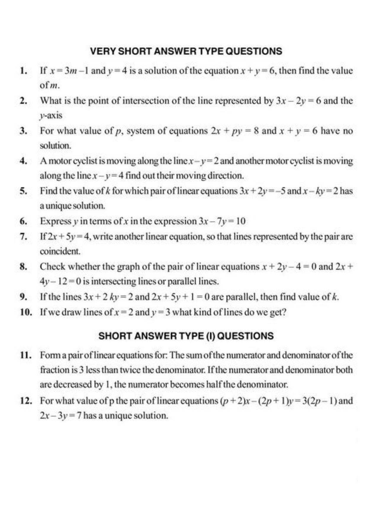 Class 10 Notes, Question & Practice Paper - Mathematics (Topic 3 : Pair ...