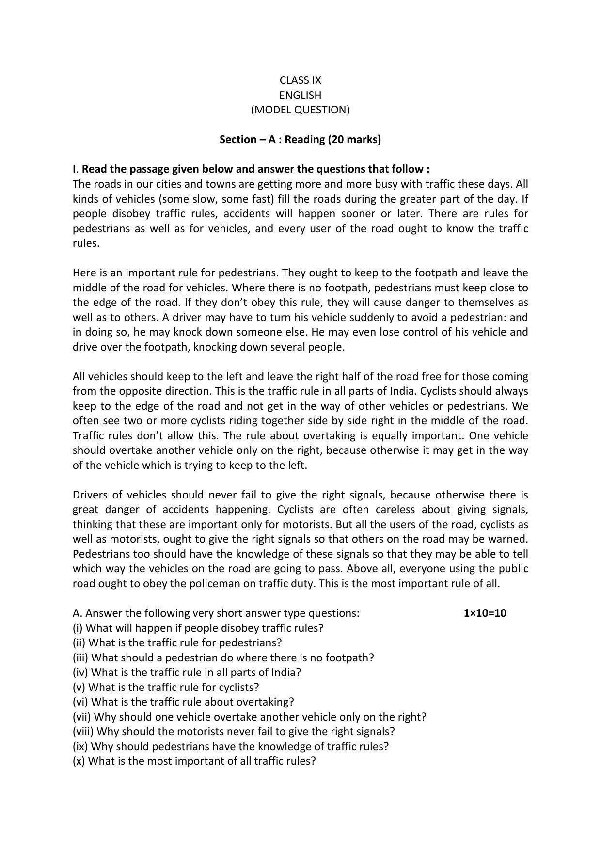 TBSE Class 9 English Model Question Paper - IndCareer Schools