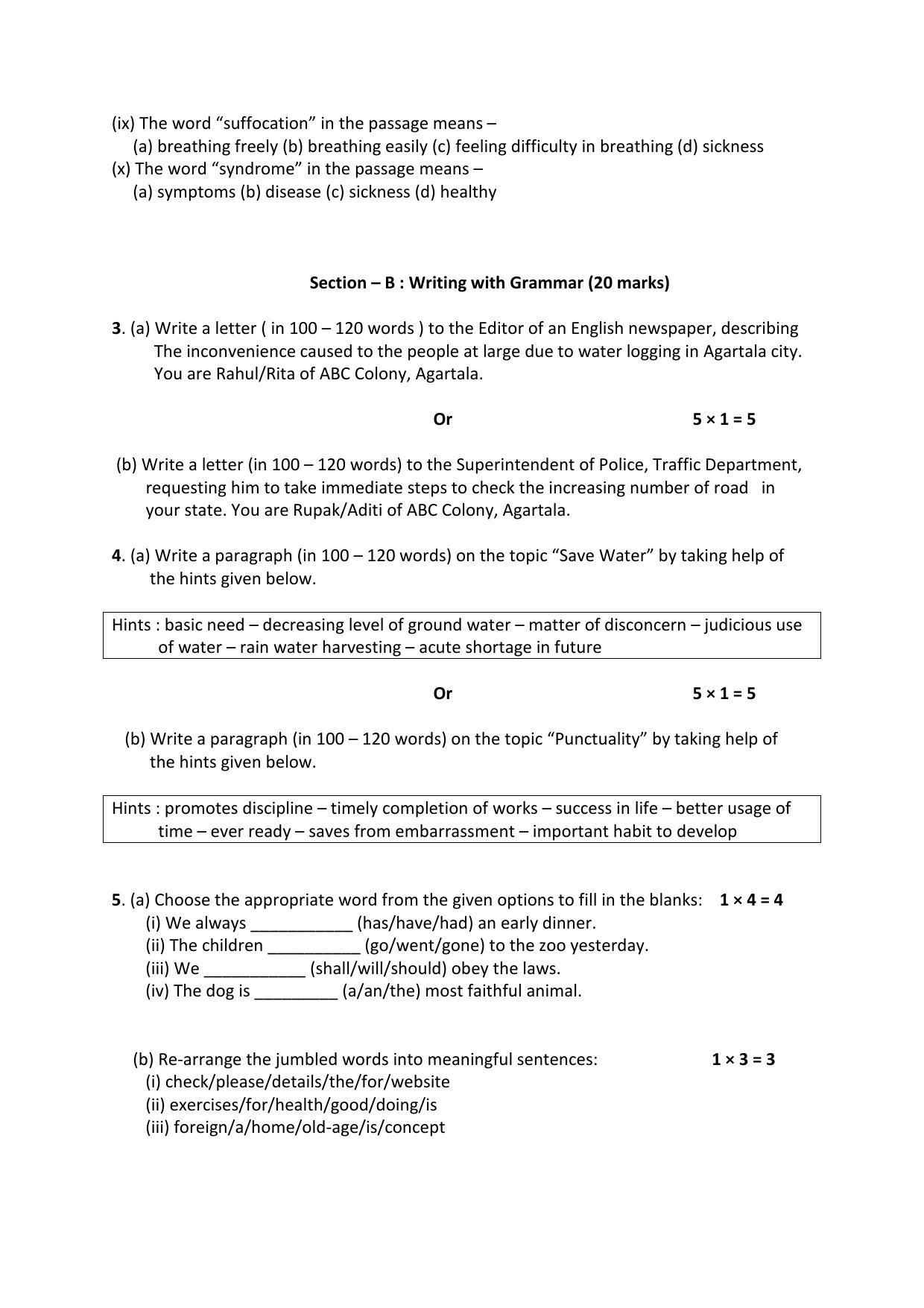 TBSE Class 9 English Model Question Paper - IndCareer Schools