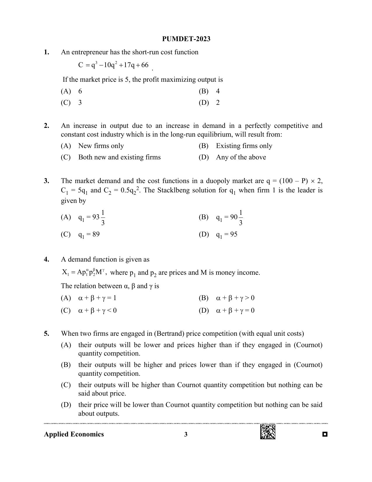 PUBDET 2023 Applied Economics Question Paper - IndCareer Docs