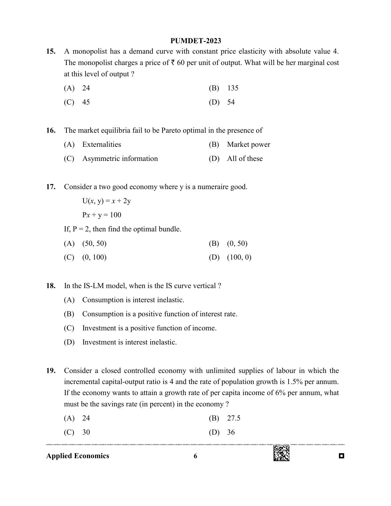 PUBDET 2023 Applied Economics Question Paper - IndCareer Docs