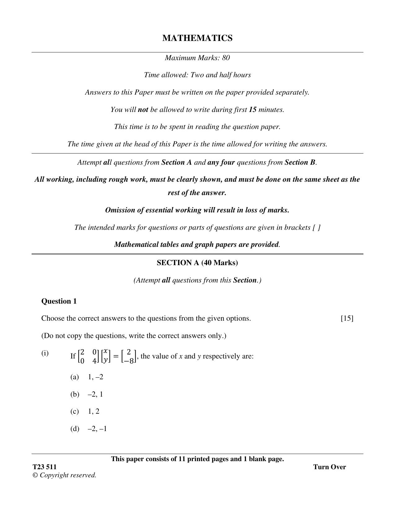 ICSE Class 10 MATHEMATICS 2023 Question Paper - IndCareer Docs
