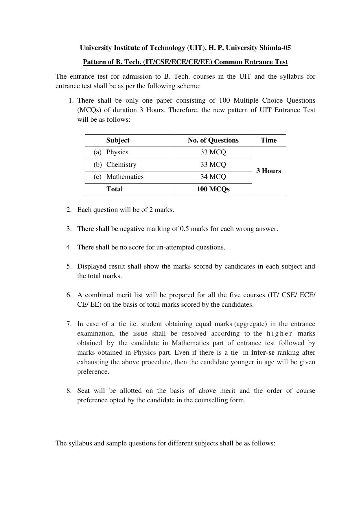 HPU B.Tech Entrance Exam Syllabus - IndCareer Docs