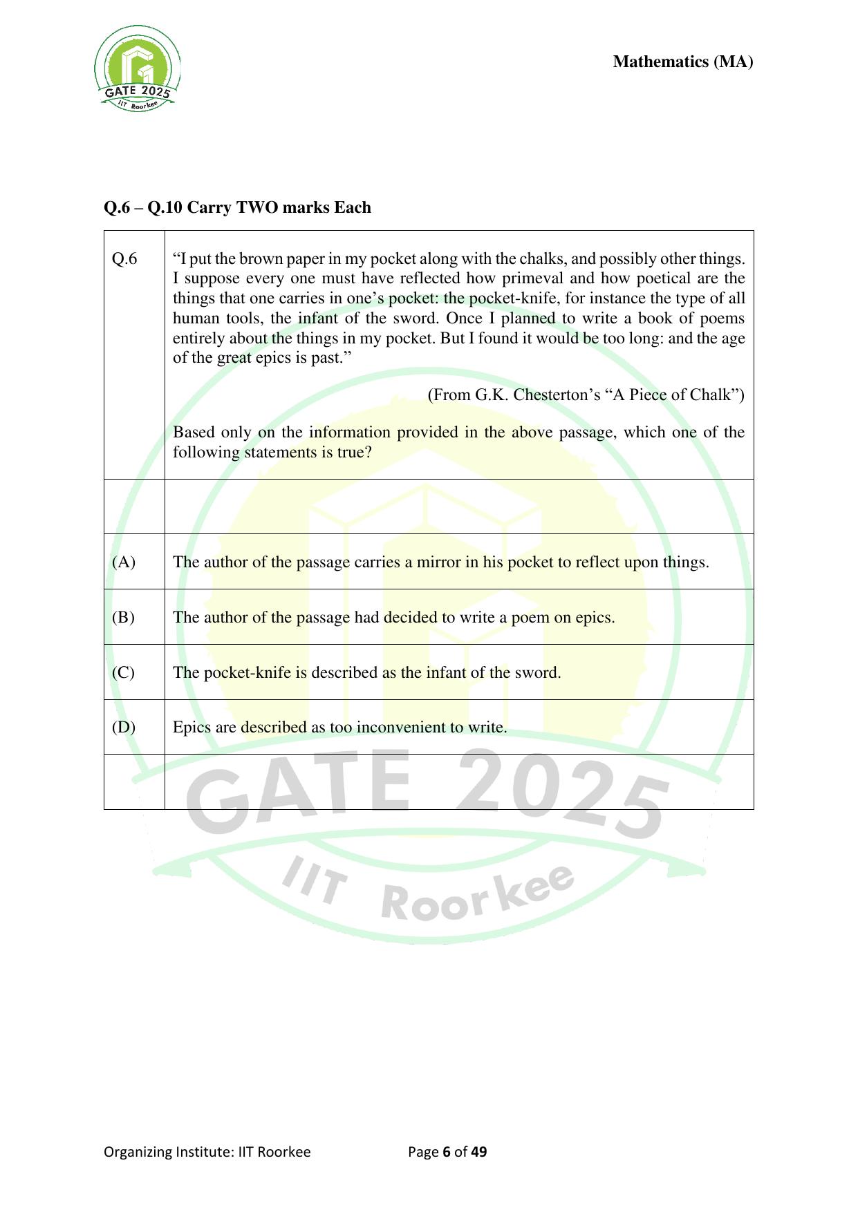 GATE 2025 Mathematics (MA) Question Paper - IndCareer Docs